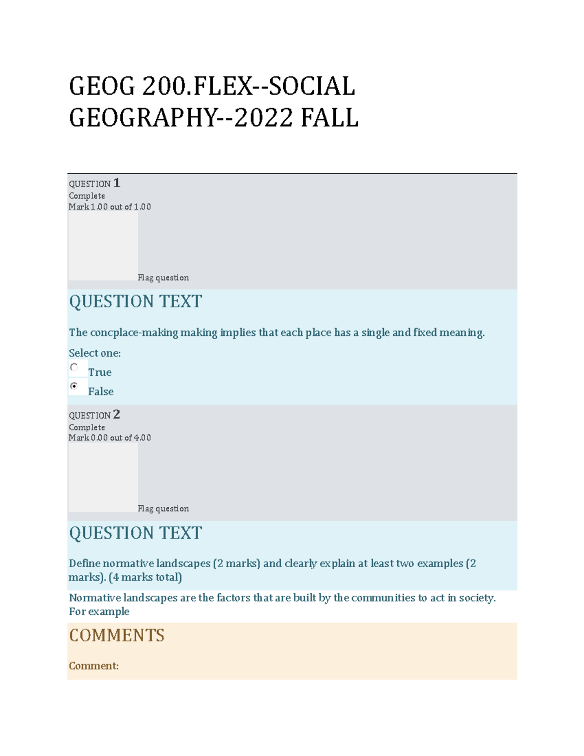 GEOG 200.FLEX- Social Geography-2022 FALL Final Exam - GEOG 200-SOCIAL ...