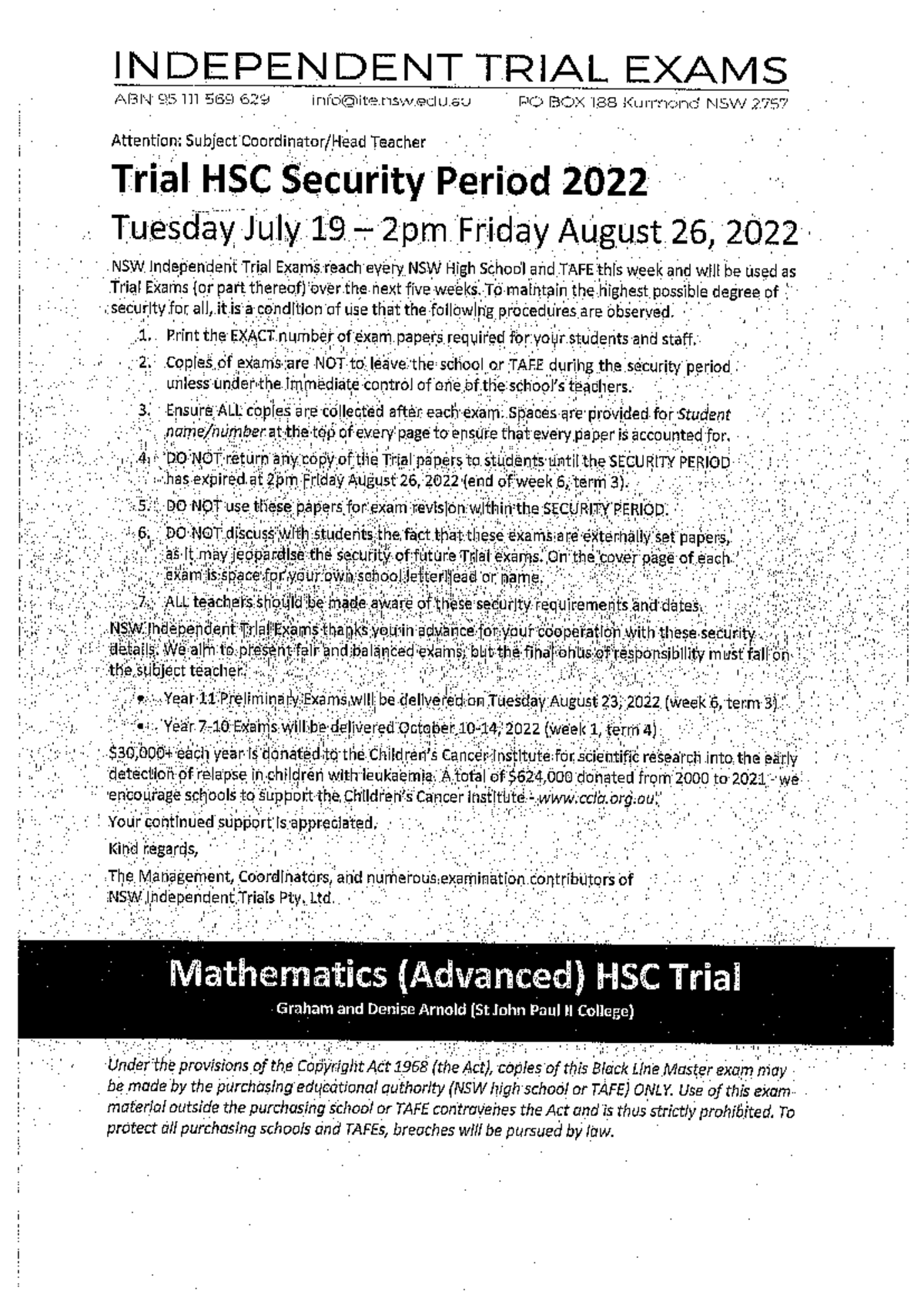2022 HSC Trial Paper: Mathematics Advanced - INDEPENDENT TRIAL EXAMS ...