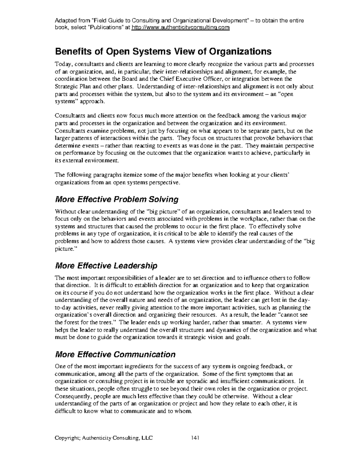 Open-systems-benefits - Adapted from “Field Guide to Consulting and ...