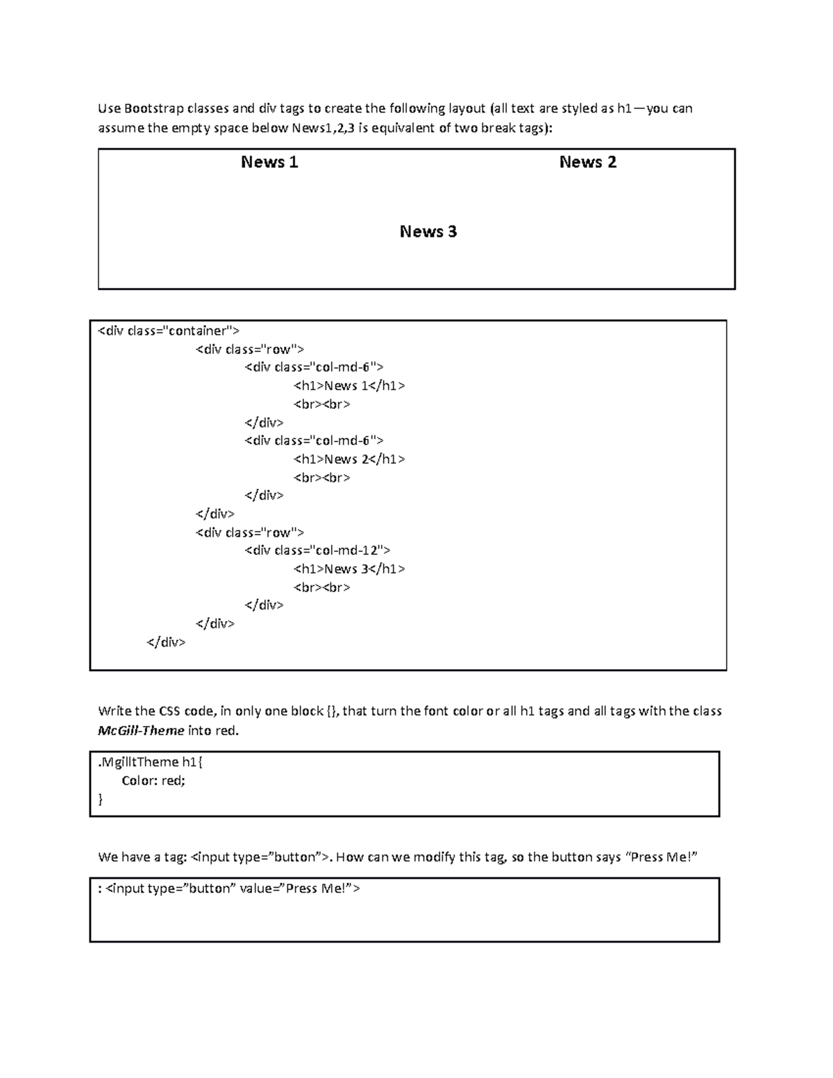 Revision question set - Solution - Use Bootstrap classes and div tags ...