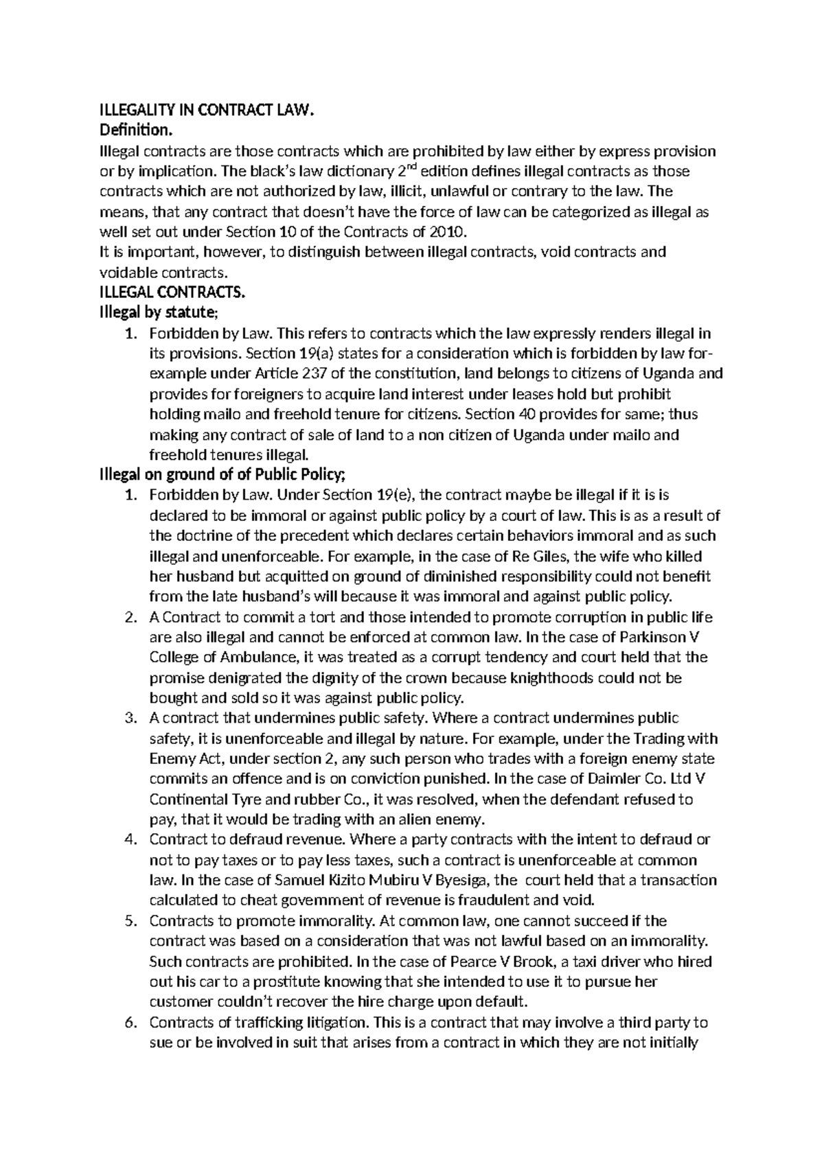 Illegality IN Contract LAW summary - ILLEGALITY IN CONTRACT LAW. Definition. Illegal contracts ...