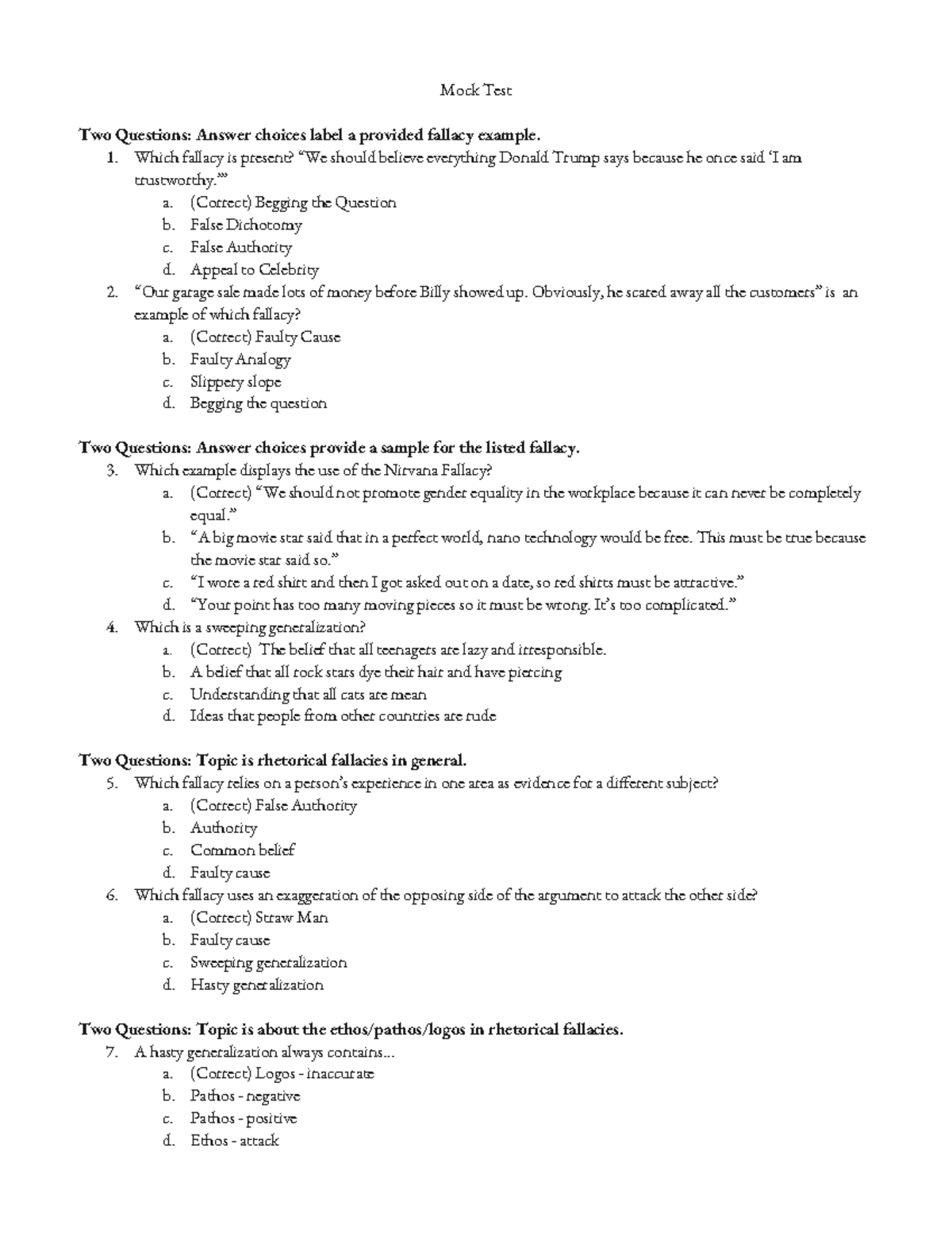 Fallacies Mock Test - Mock Test Two Questions: Answer choices label a ...
