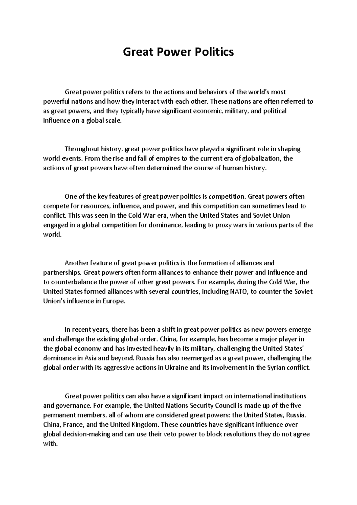 Great Power Politics - Great Power Politics Great power politics refers ...
