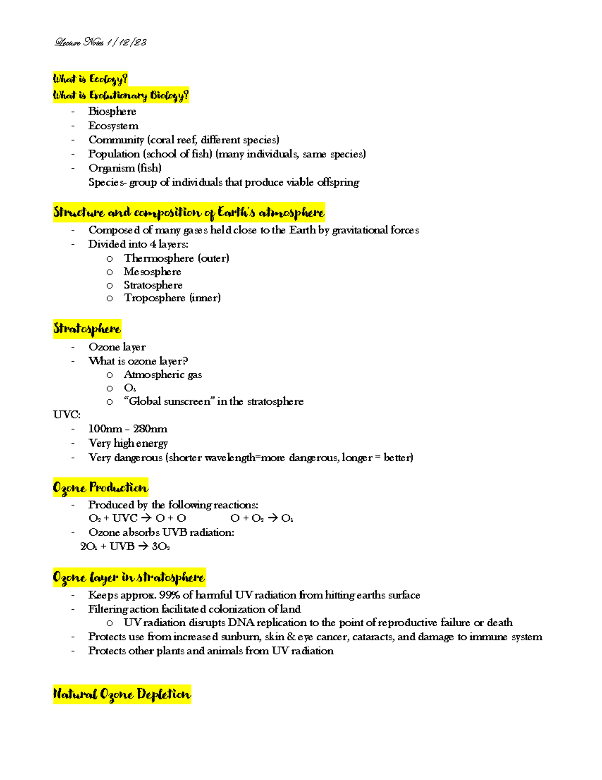 BIOL 301 1-12-23 Lecture Notes - Lecture Notes 1/12/ What is Ecology ...