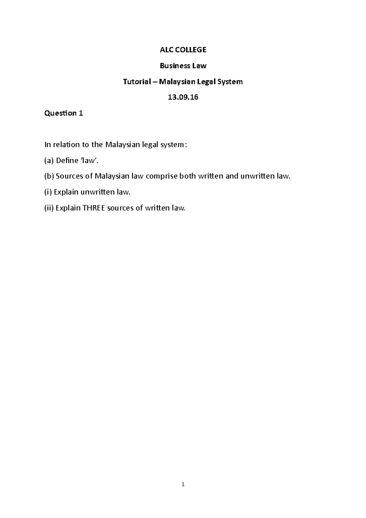 Business Law Tutorial - ALC COLLEGE Business Law Tutorial – Malaysian ...