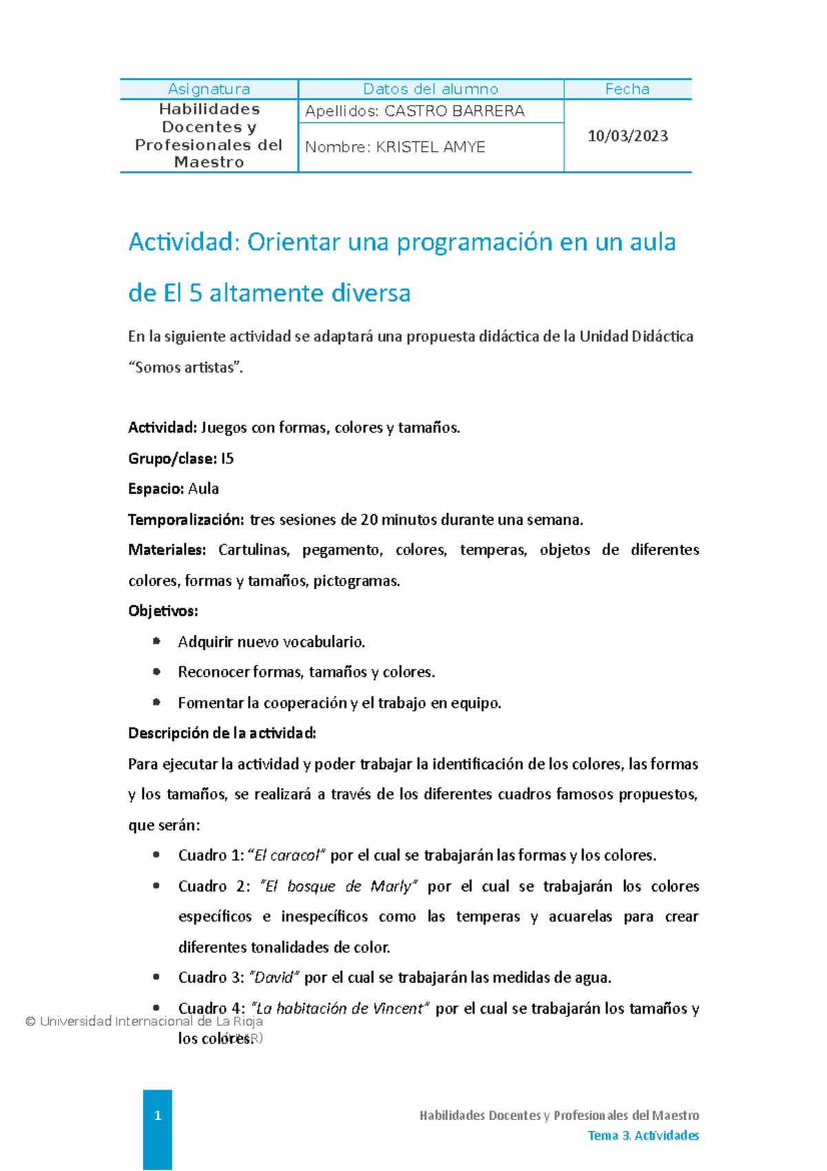 Actividad programacion aula 5años - © Universidad Internacional de La Rioja (UNIR) Habilidades ...