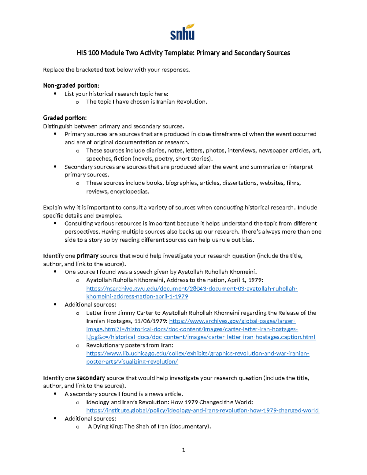 HIS 100 Module Two Activity Sources - HIS 100 Module Two Activity ...