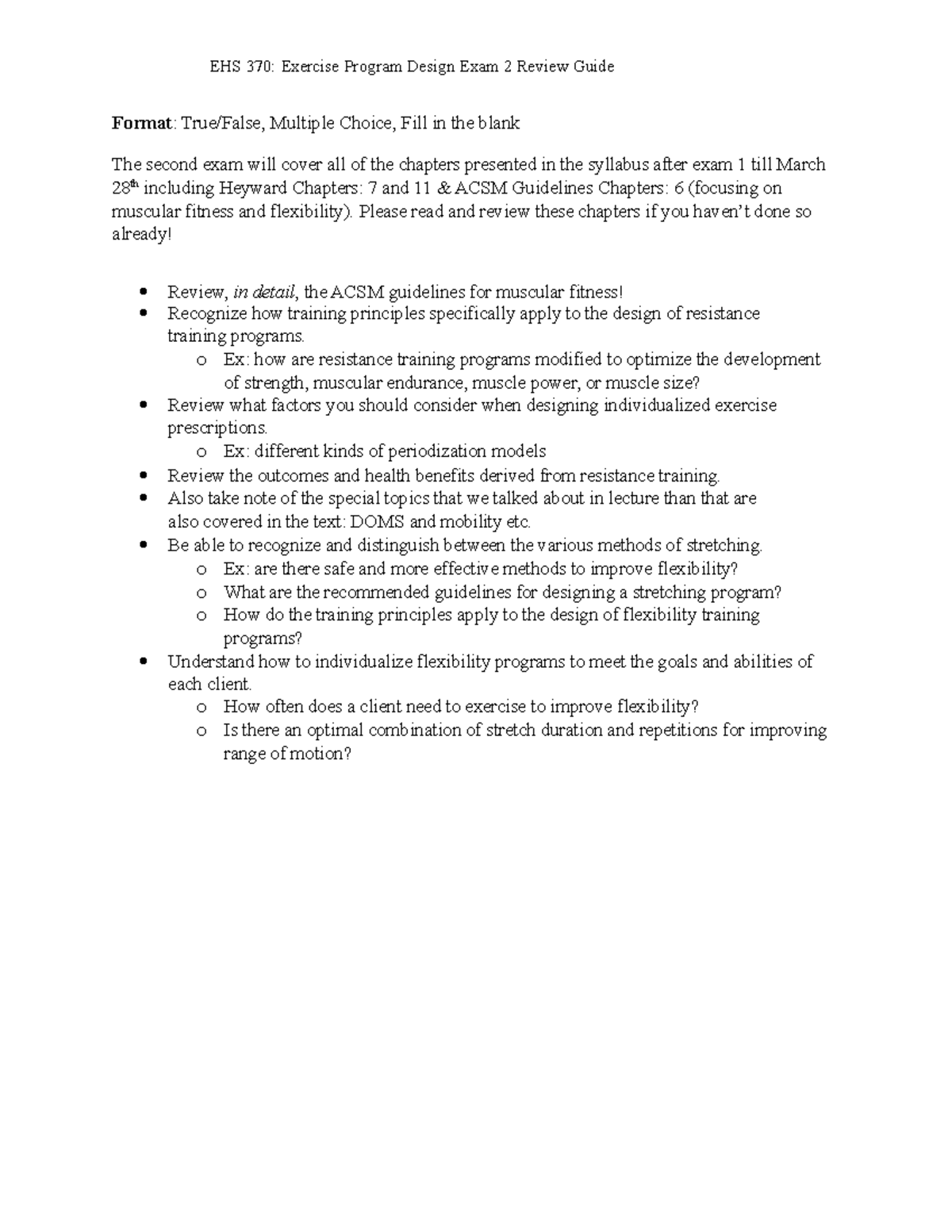 EXAM 2 Review - EHS 370: Exercise Program Design Exam 2 Review Guide ...