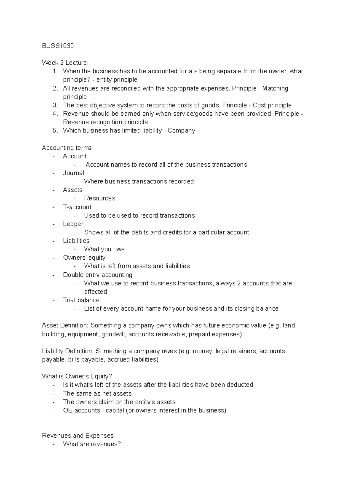 BUSS1030 Lecture - BUSS Week 2 Lecture: 1. When the business has to be ...