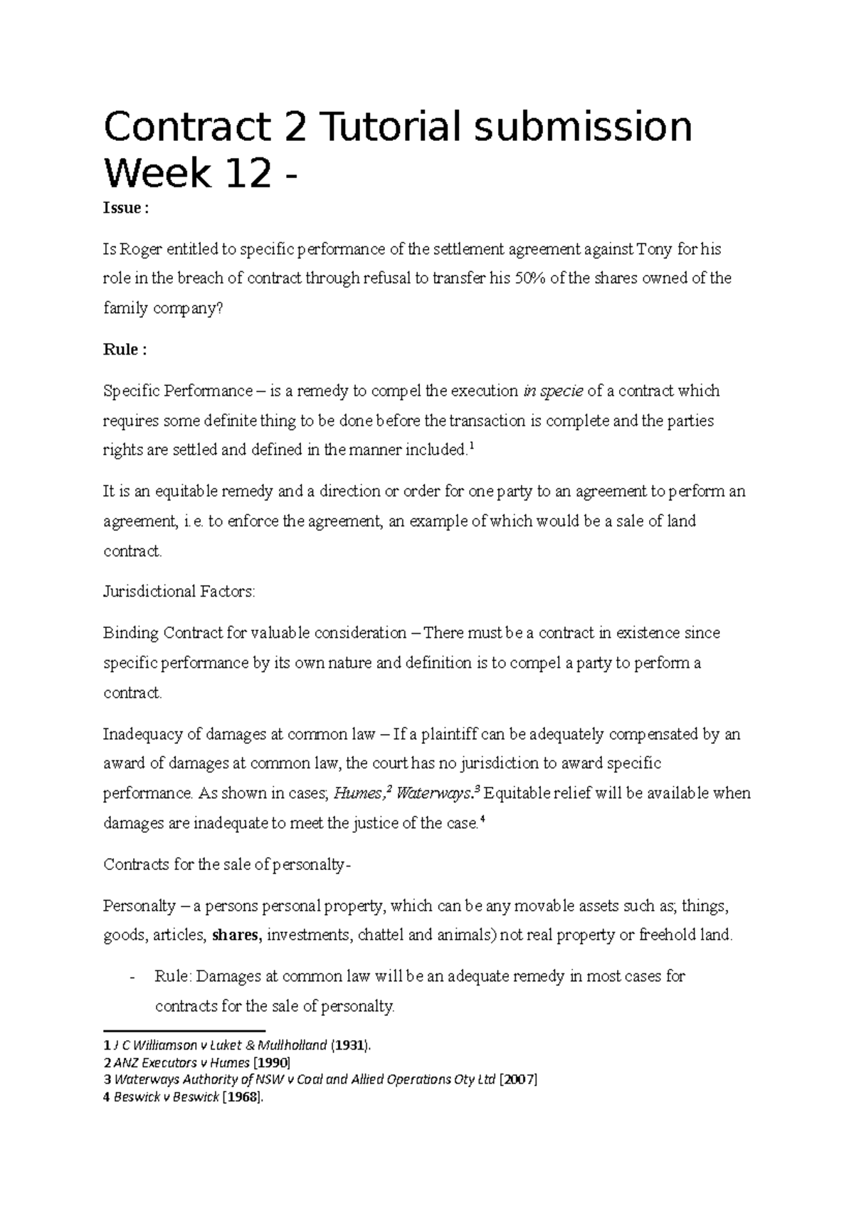 Law1212 Tutorial submission Week 12 - Contract 2 Tutorial submission Week 12 - Issue : Is Roger ...