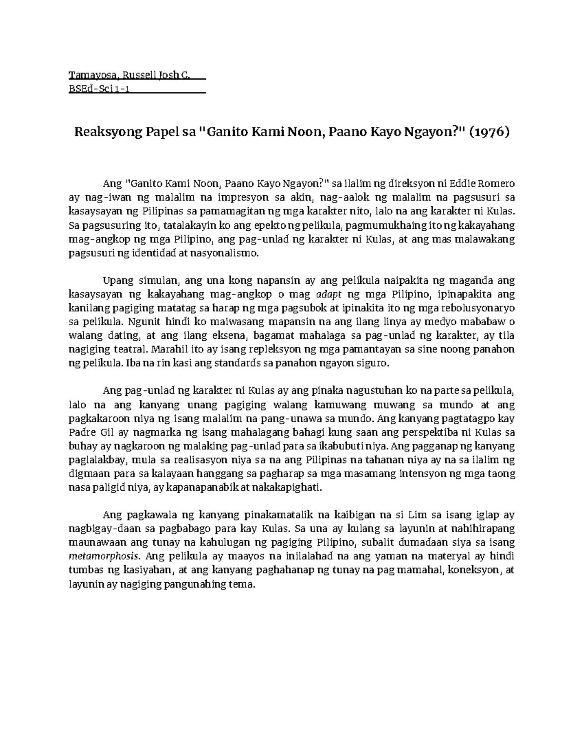 Reaksyon paper, RPH, Tamayosa - Tamayosa, Russell Josh C. BSEd-Sci 1 ...