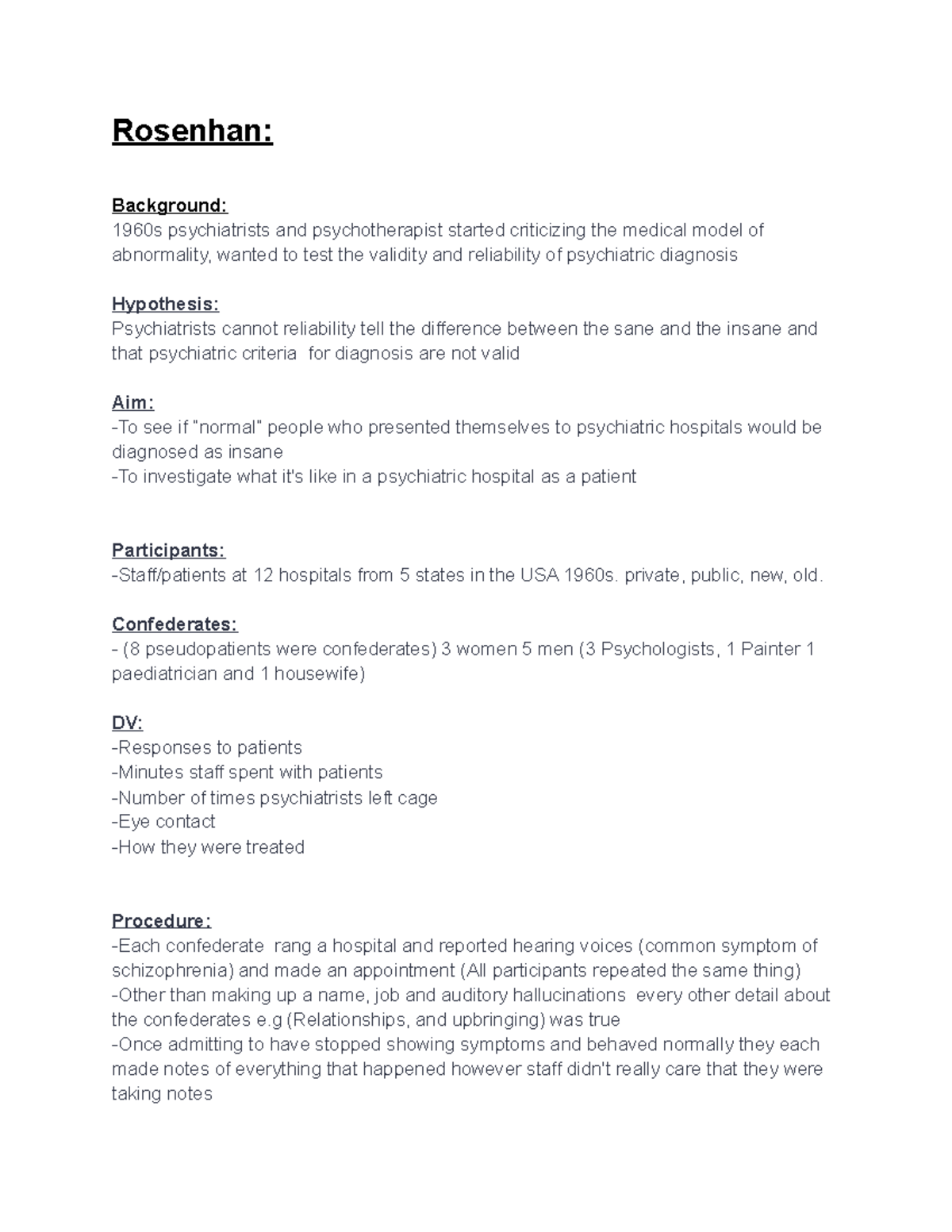 Rosenhan - Rosenhan: Background: 1960s psychiatrists and ...