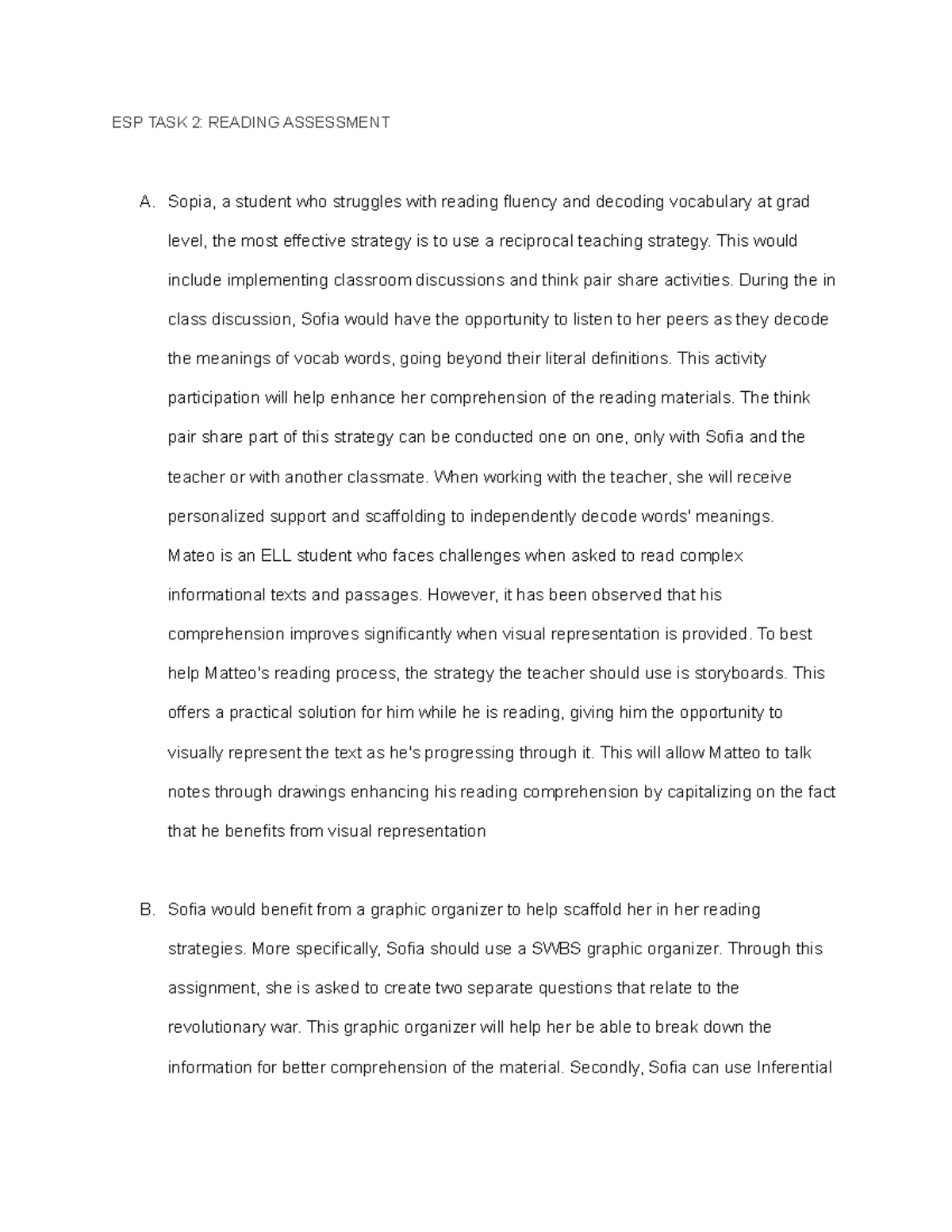 ESP Task 2 - passed - ESP TASK 2: READING ASSESSMENT A. Sopia, a ...