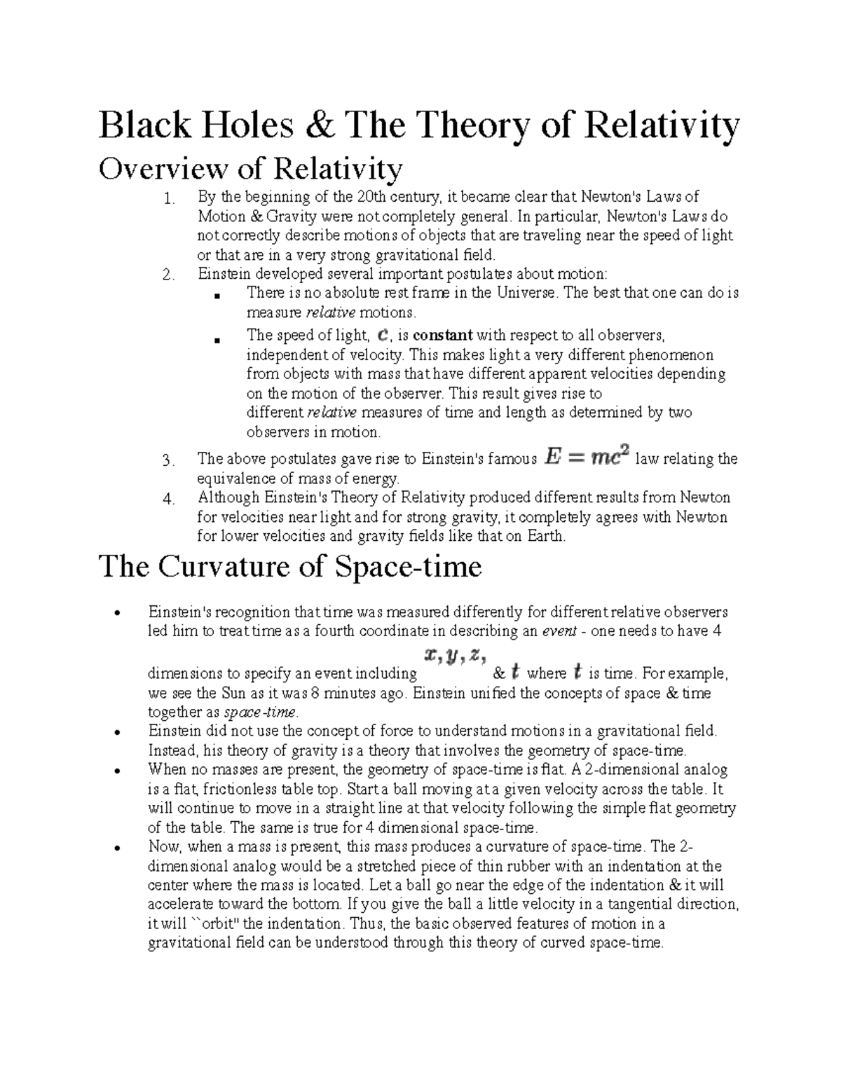 Astr notes 14 - Black Holes & The Theory of Relativity Overview of ...