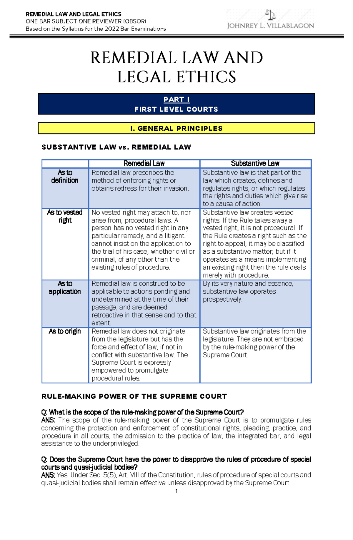 Obsor - Remedial Law - August 2022 Draft - PART I FIRST LEVEL COURTS I ...