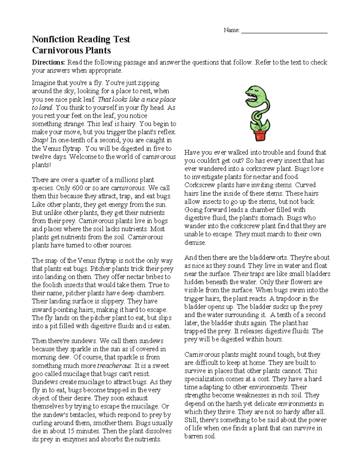 Nonfiction reading test carnivorous plants - Name ...