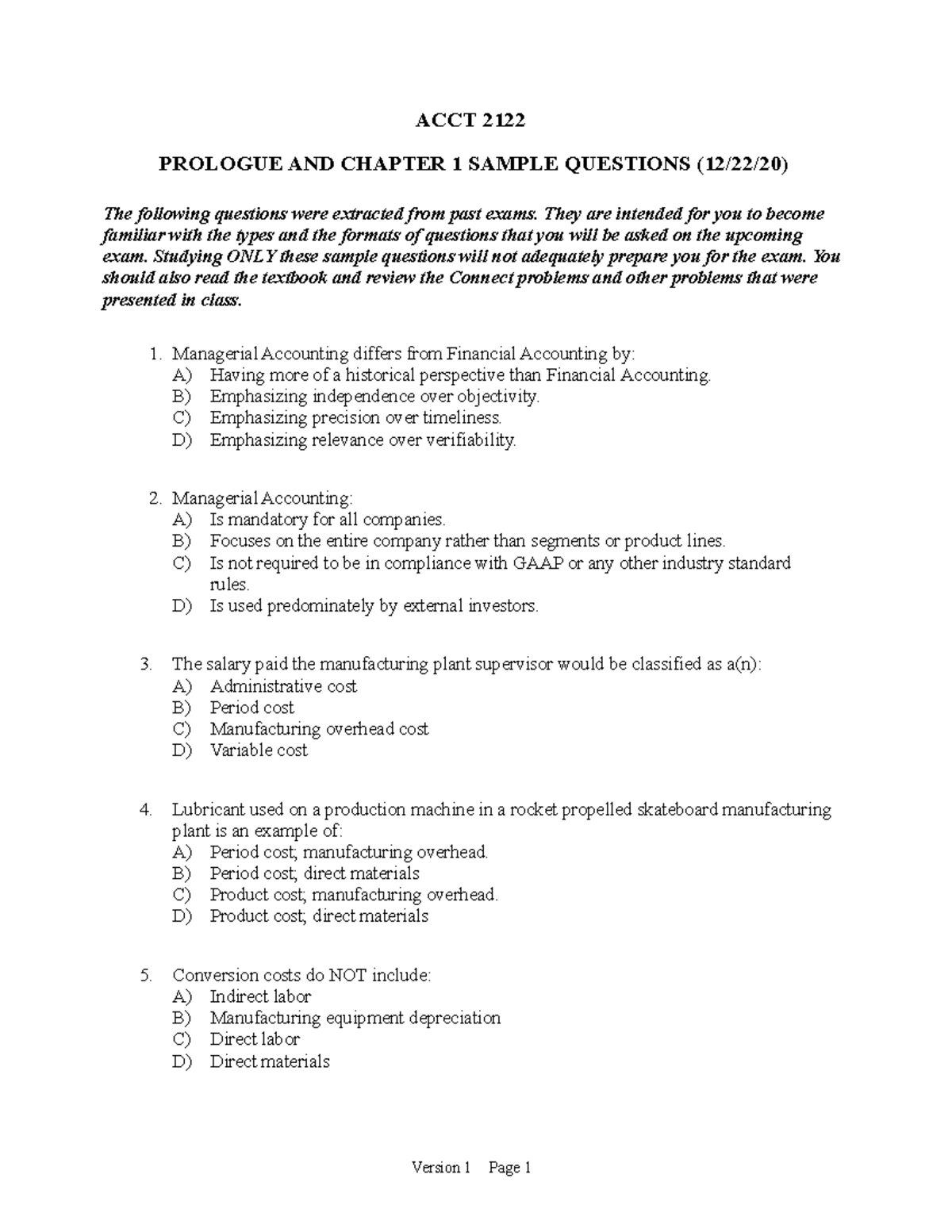 Exam 1 Prologue and Chapters 1 and 2 Sample Questions - ACCT 2122 ...