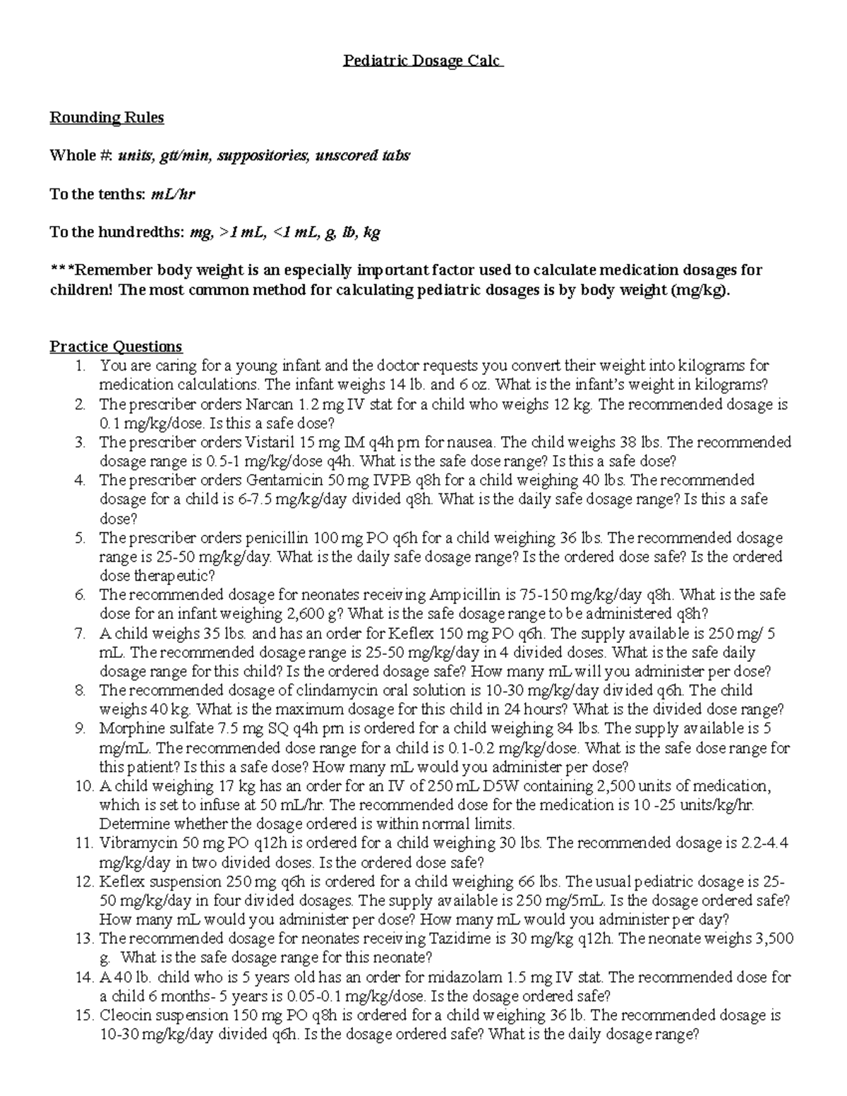 Pediatric Dosage Calc Practice Questions - Pediatric Dosage Calc ...