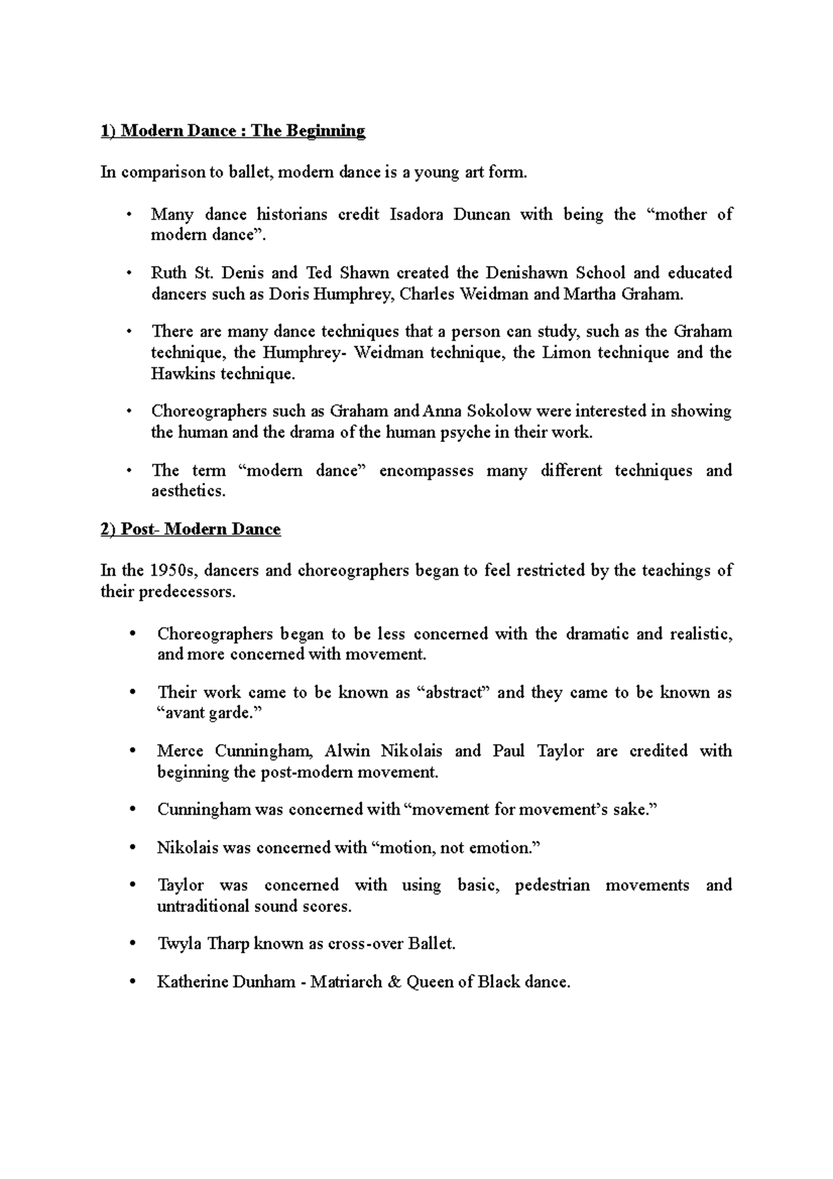 Ch6. MD notes - 1) Modern Dance : The Beginning In comparison to ballet ...