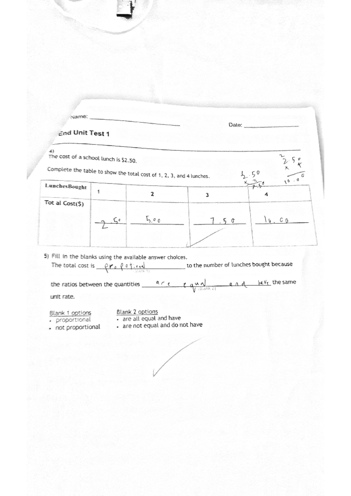 Scanned 20241019-1006 - Name: Date: End Unit Test 1 4) The cost of a ...