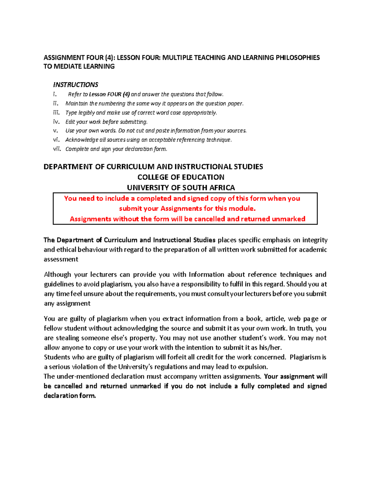 Assignment 4 S1 2021 Rubric Guideline - ASSIGNMENT FOUR (4): LESSON ...