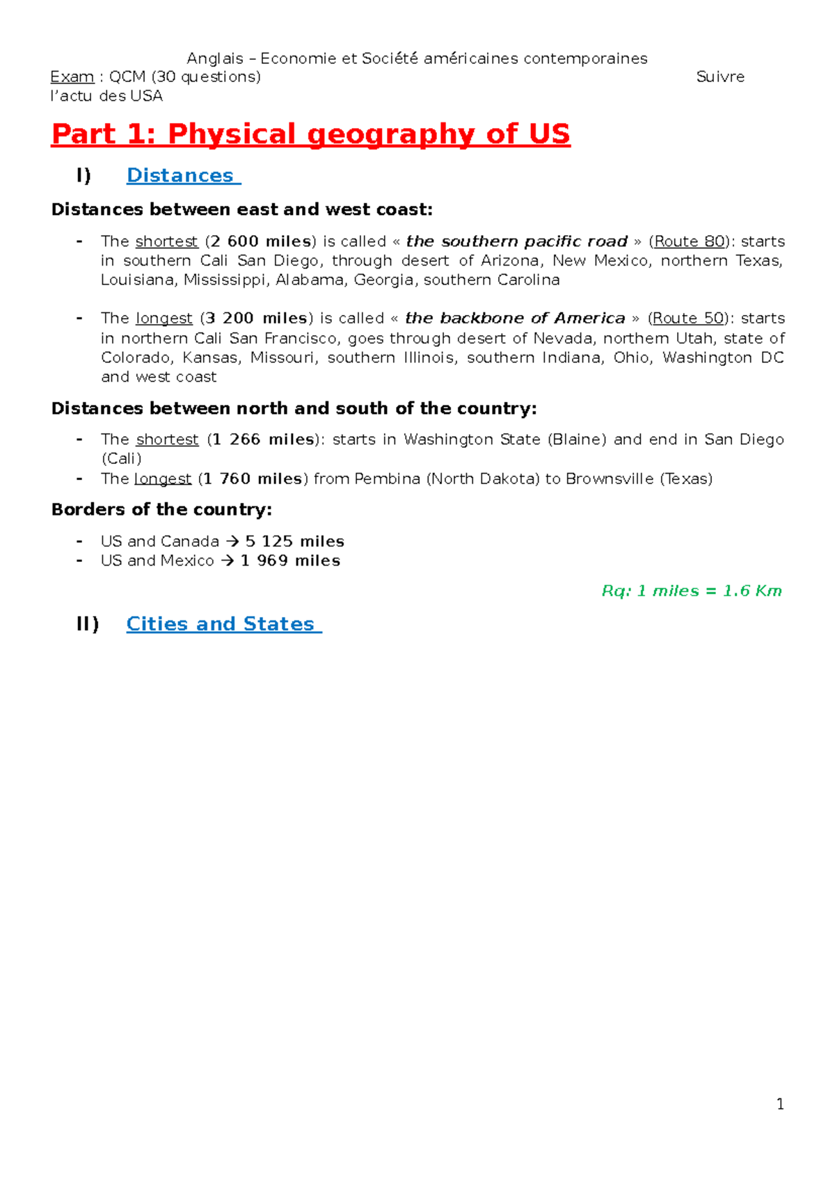 Part 1 – Physical geography of US Important - Exam : QCM (30 questions ...