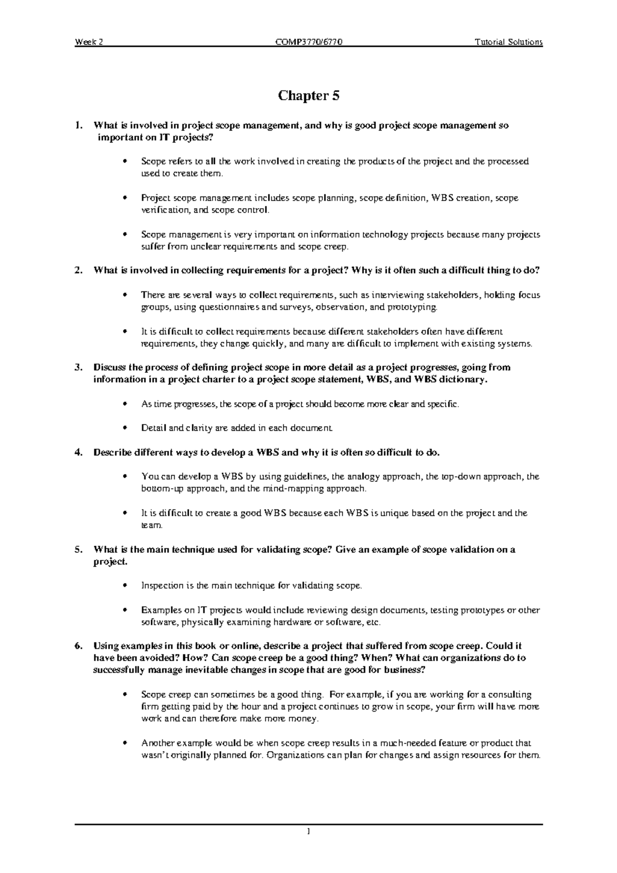 Week 2 Tutorial Solutions - Chapter 5 1. What is involved in project ...
