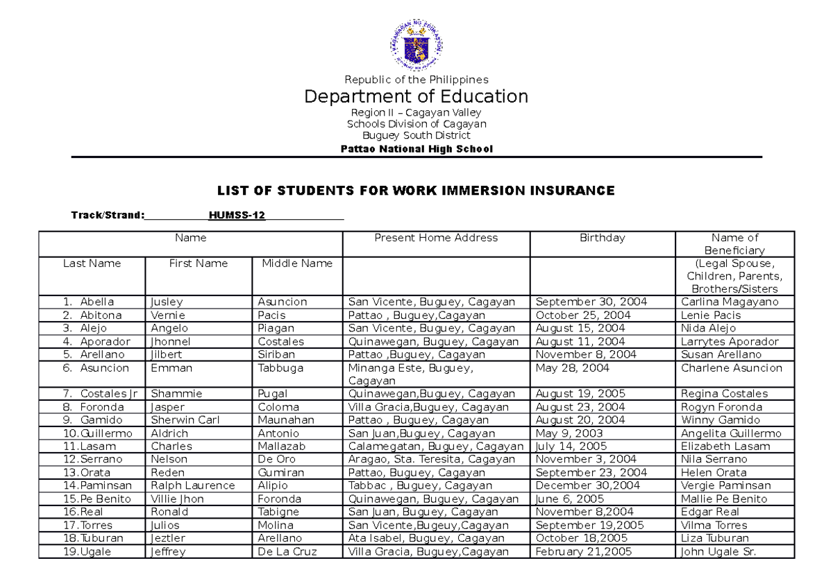 Insurance FOR WORK Immersion - * Republic of the Philippines Department ...
