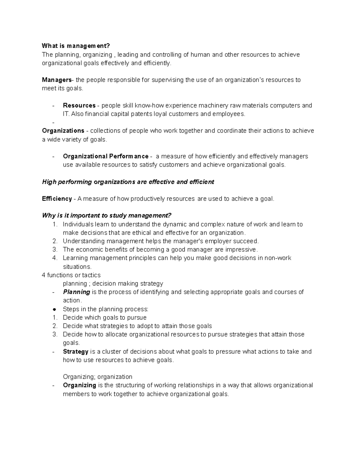 Managment 221 Chapter 1 notes and appendex - What is management? The ...