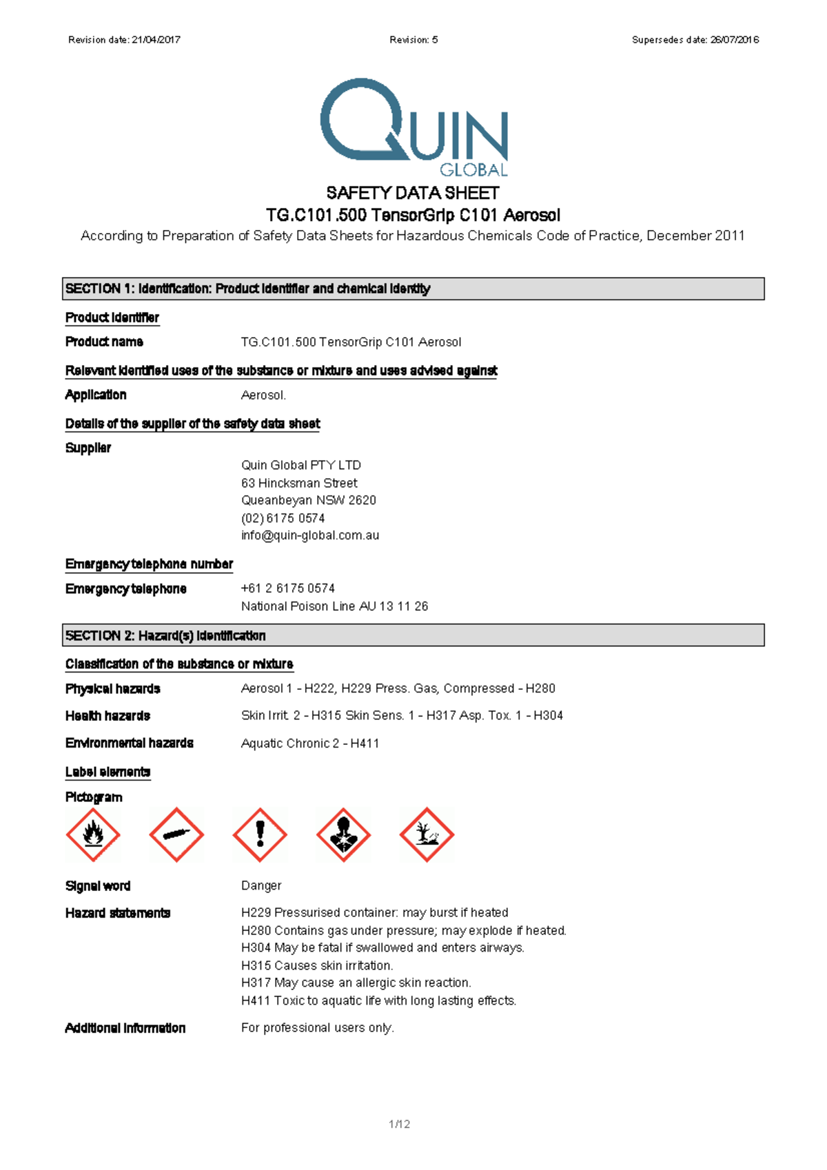 TG.C101.500 Tensor Grip C101 Aerosol MSDS - SAFETY DATA SHEET TG.C101 ...