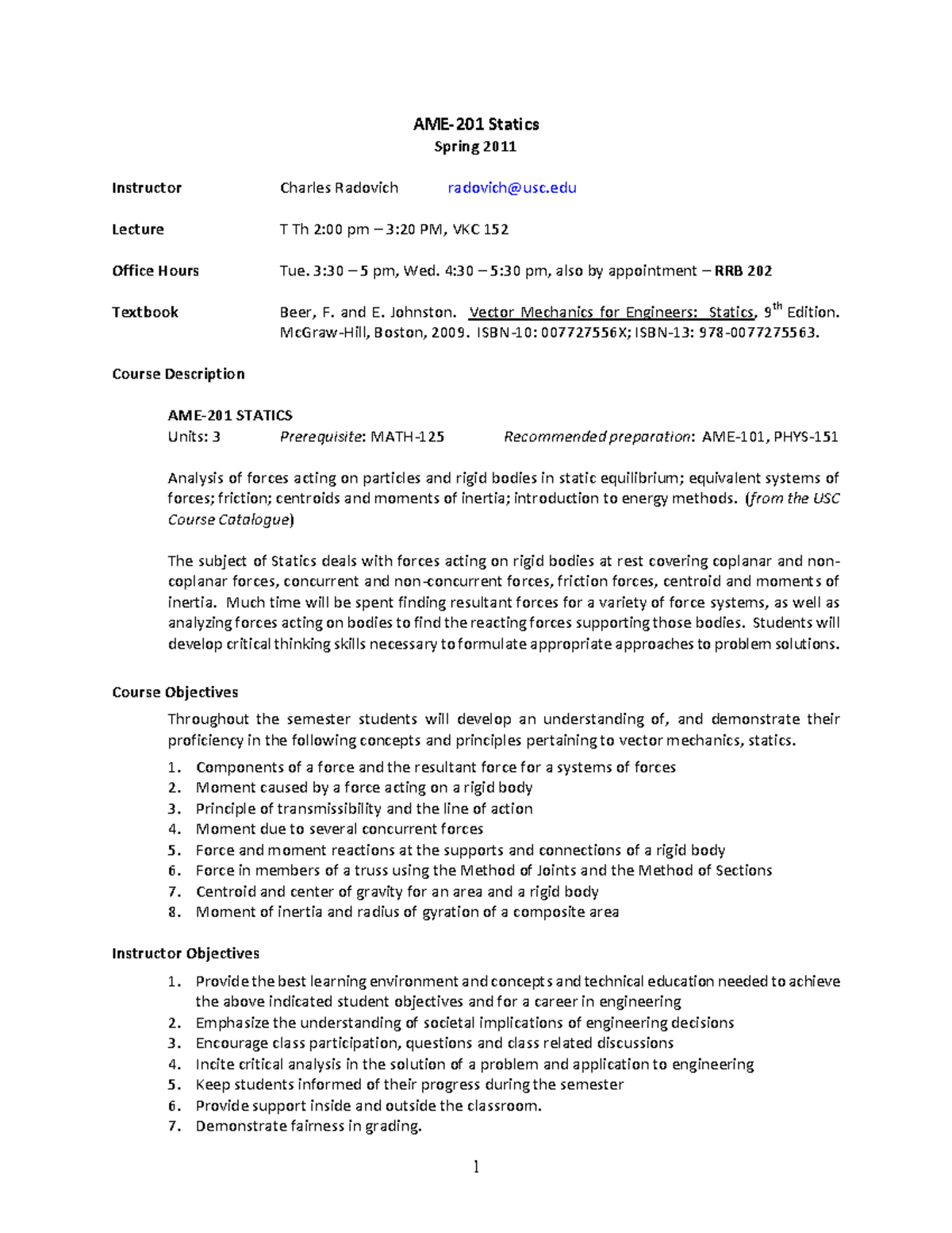 28720 - Cmo - 1 AME-201 Statics Spring 2011 Instructor Charles Radovich ...