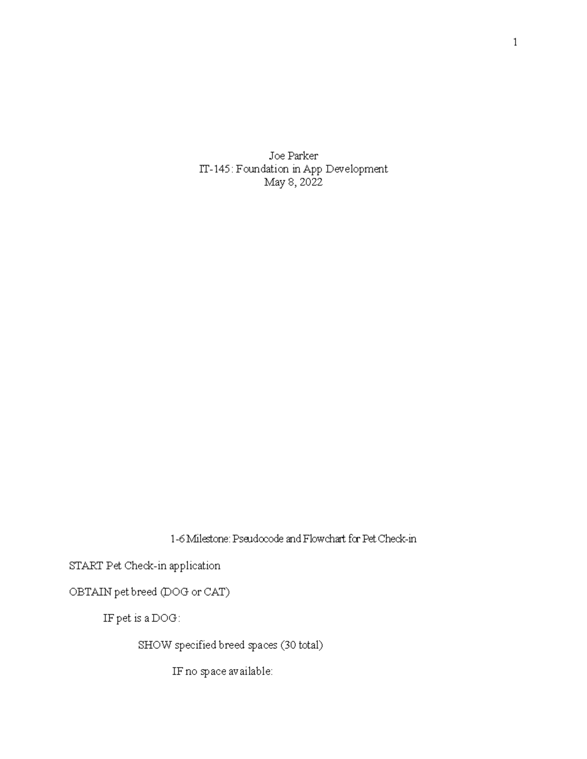 Nicole Garcia 1 6 Milestone Pseudocode And Flowchart 1 Joe Parker It 145 Foundation In App