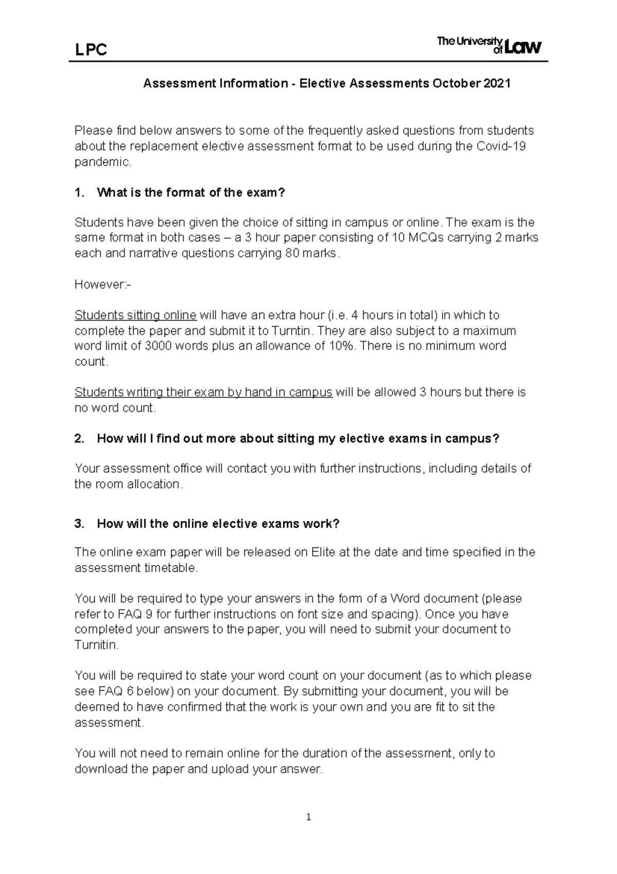 2021 Assessment information - LPC elective assessments - Oct 2021 fv ...