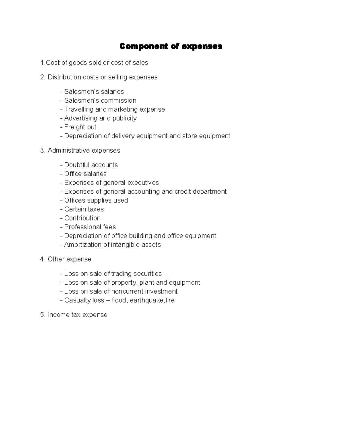 Component of expenses - Summary Financial Accounting - Component of ...