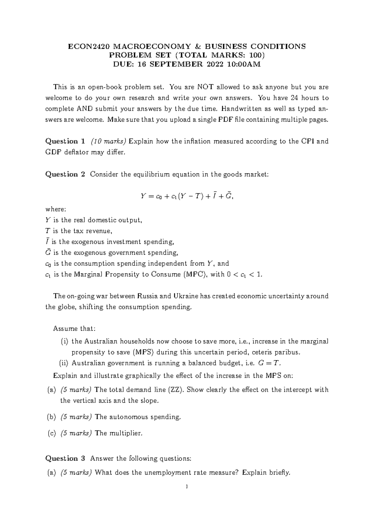 ECON2420 S2 2022 PS1 V2 Question - ECON2420 MACROECONOMY & BUSINESS ...