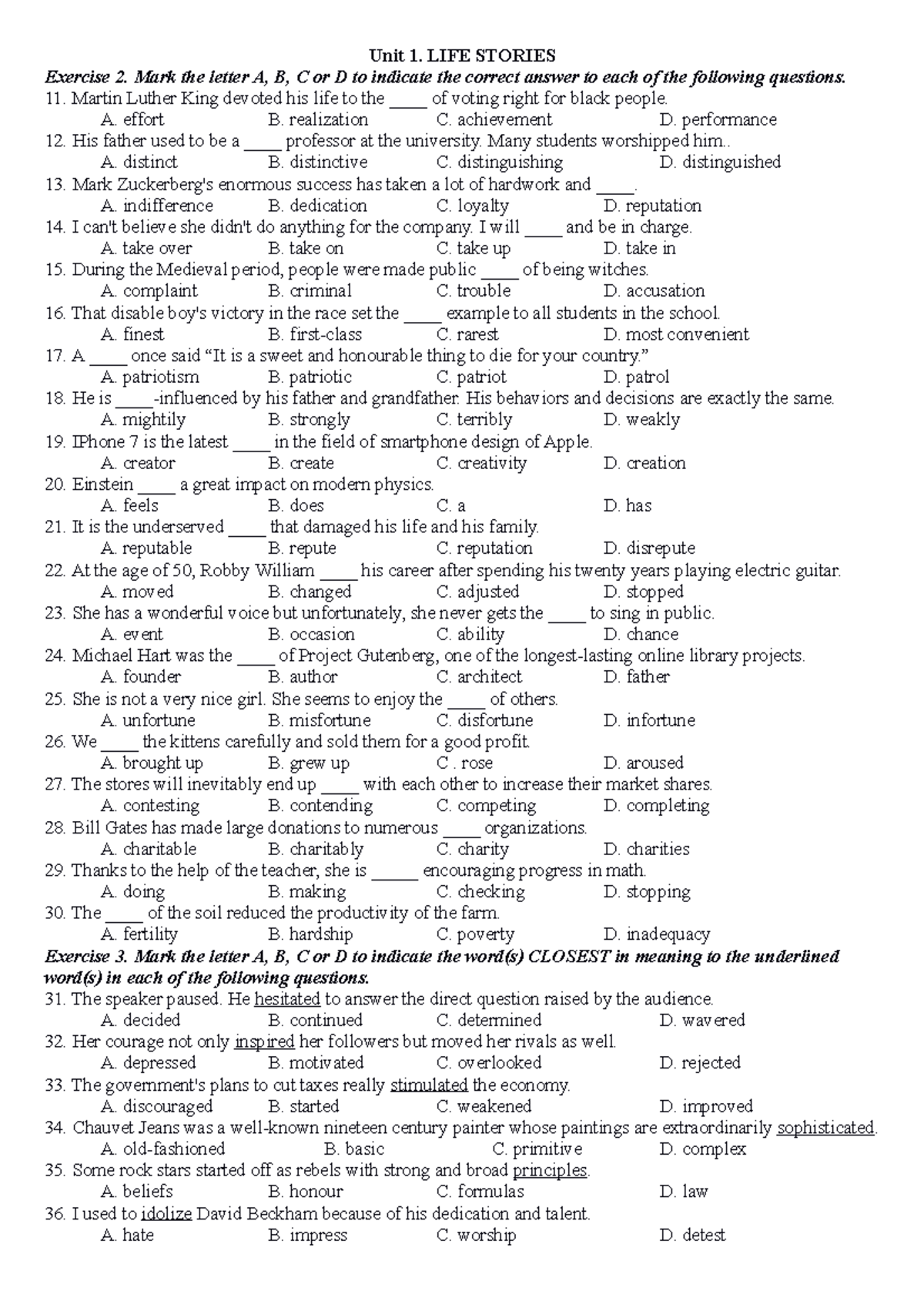 Unit 1- LOP 12- 2023 - easy - Unit 1. LIFE STORIES Exercise 2. Mark the ...