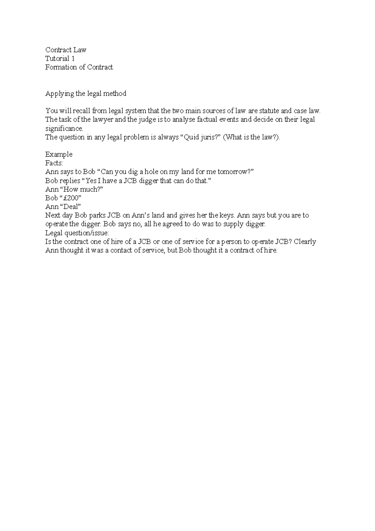 Contract Law LS1520 Tutorial 1 - Contract Law Tutorial 1 Formation of Contract Applying the ...