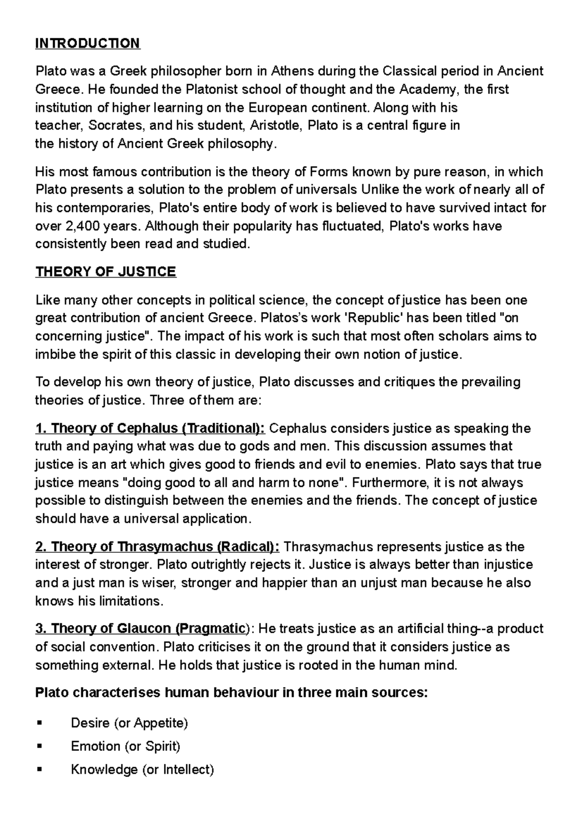 Plato study material - INTRODUCTION Plato was a Greek philosopher born ...