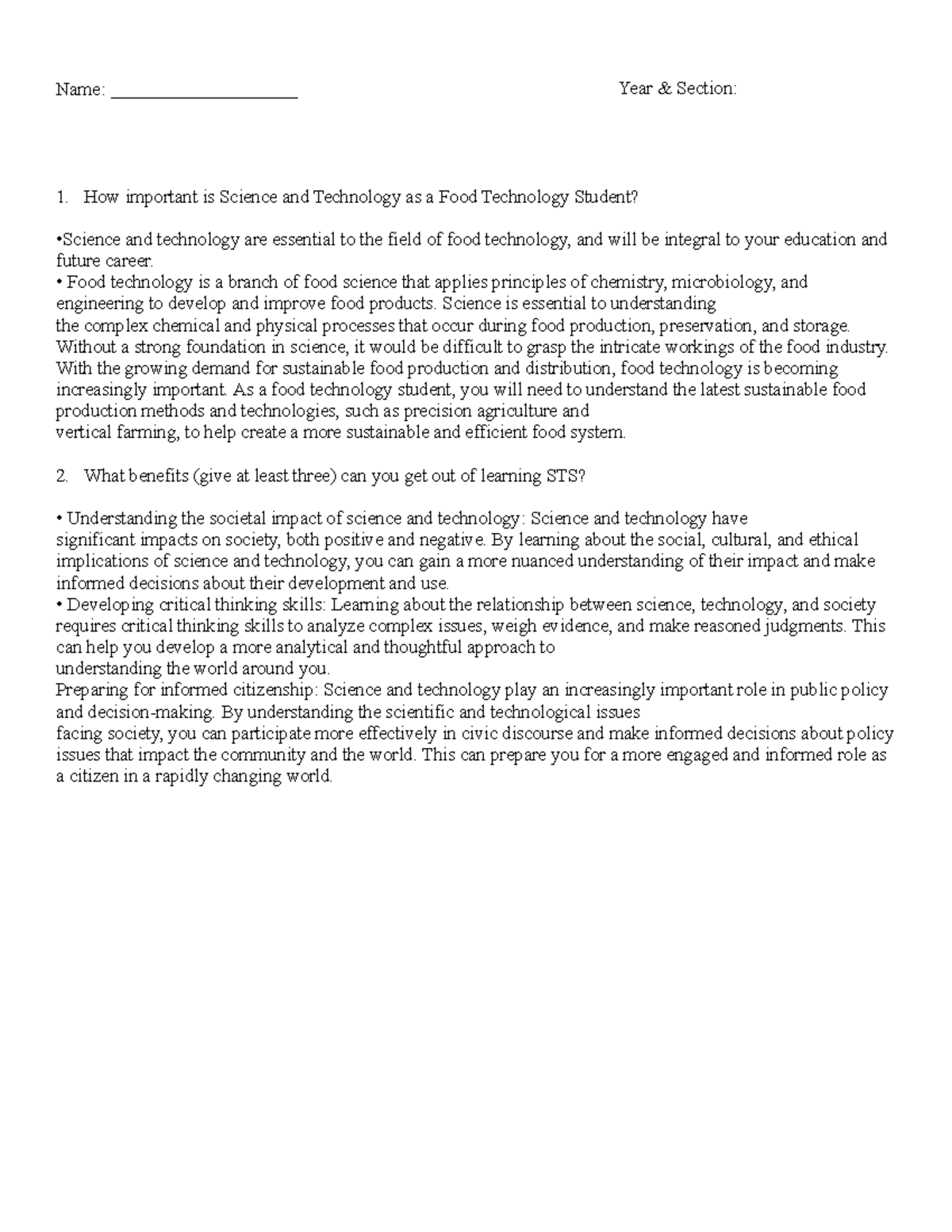 STS - STS - Name: ____________________ Year & Section: How important is ...