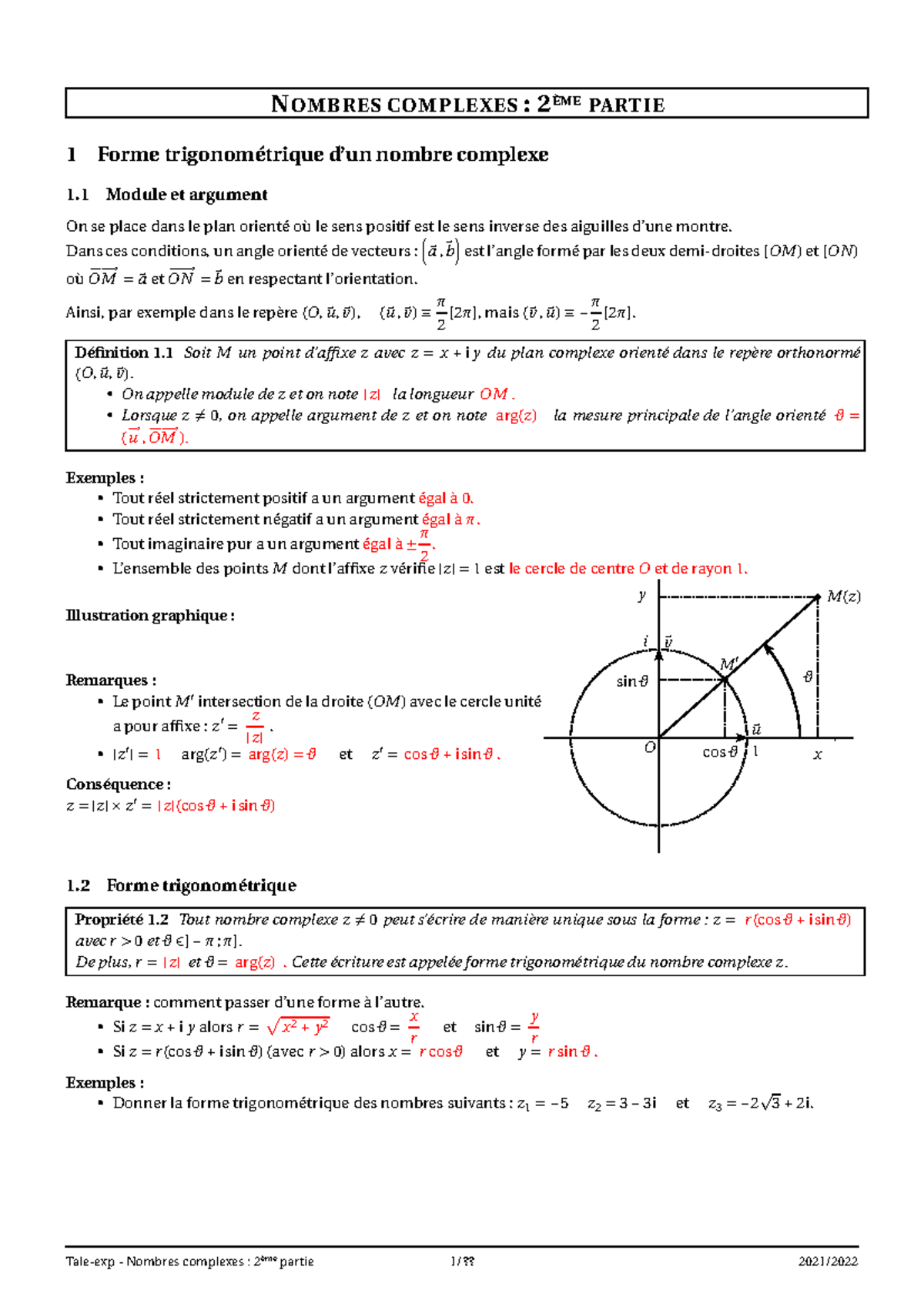 Tale cours complexes 2 - NOMBRES COMPLEXES : 2 ÈME PARTIE 1 Forme ...