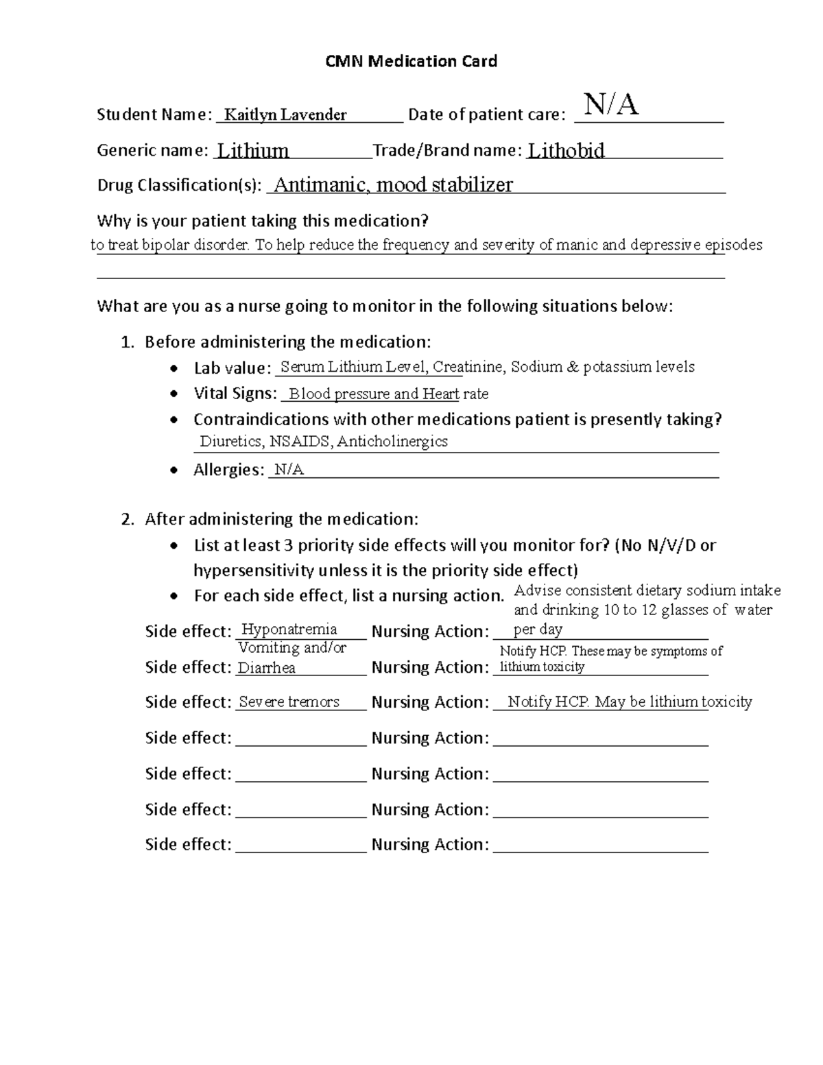 Lithium Med card - CMN Medication Card Student Name ...