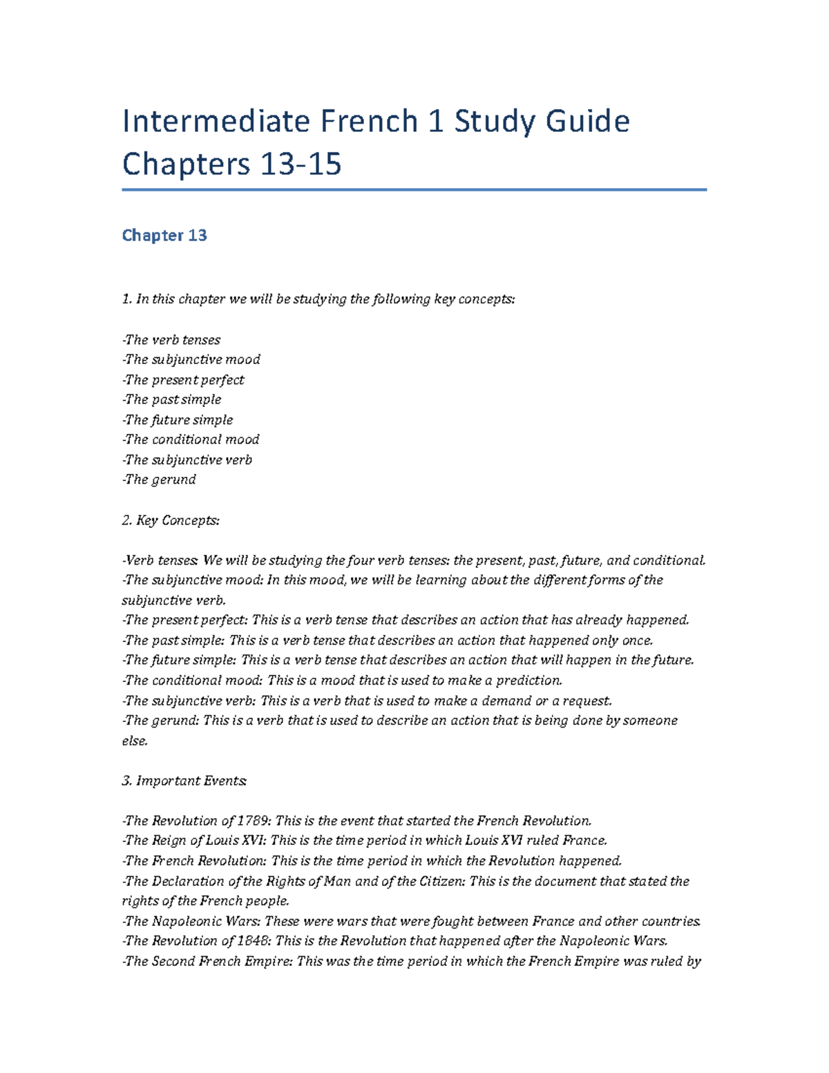 Intermediate French 1 Study Guide Chapters 13-15 - Intermediate French ...