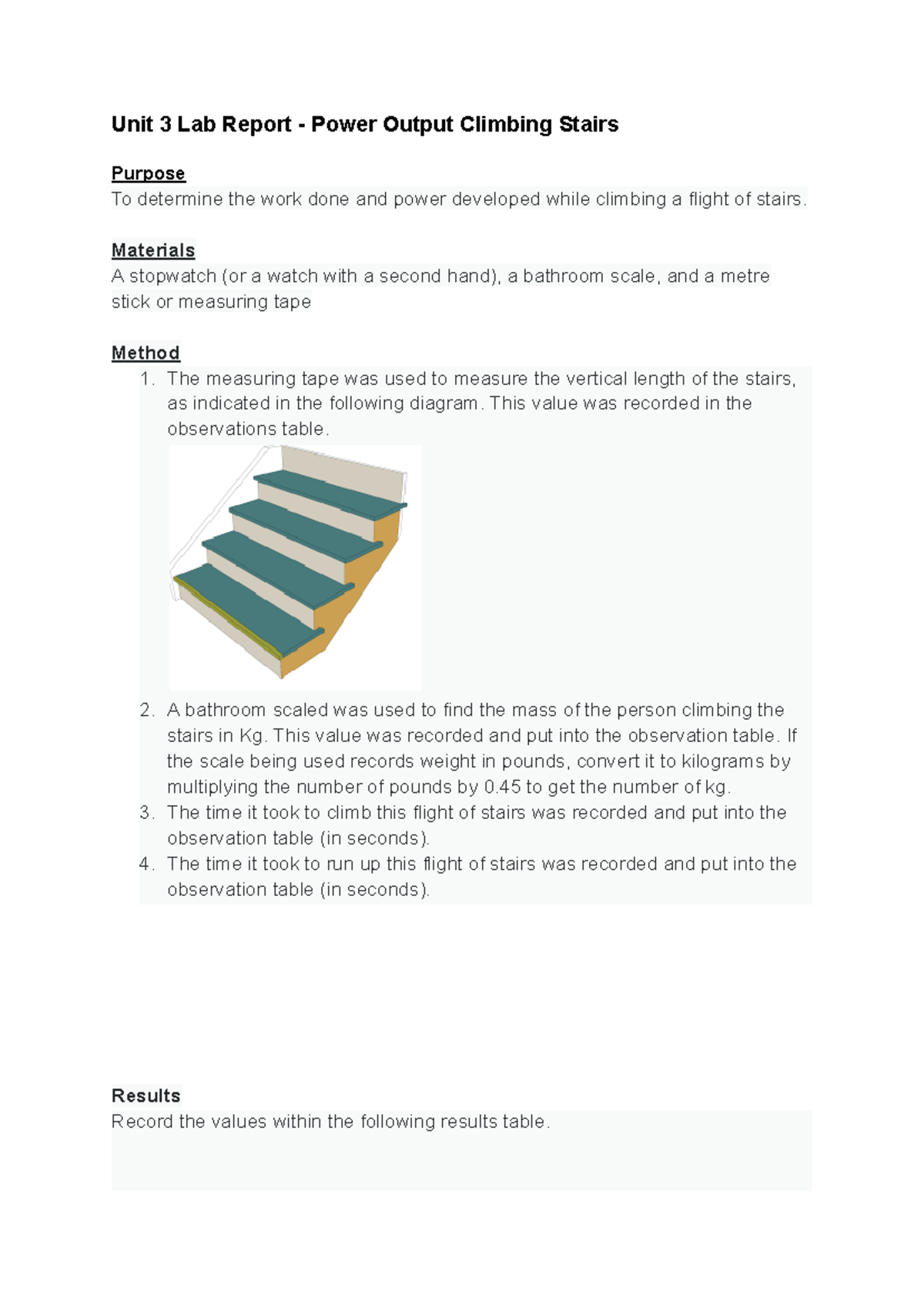 Unit 3 Lab Report - Power Output Analysis for Climbing Stairs - Unit 3 ...