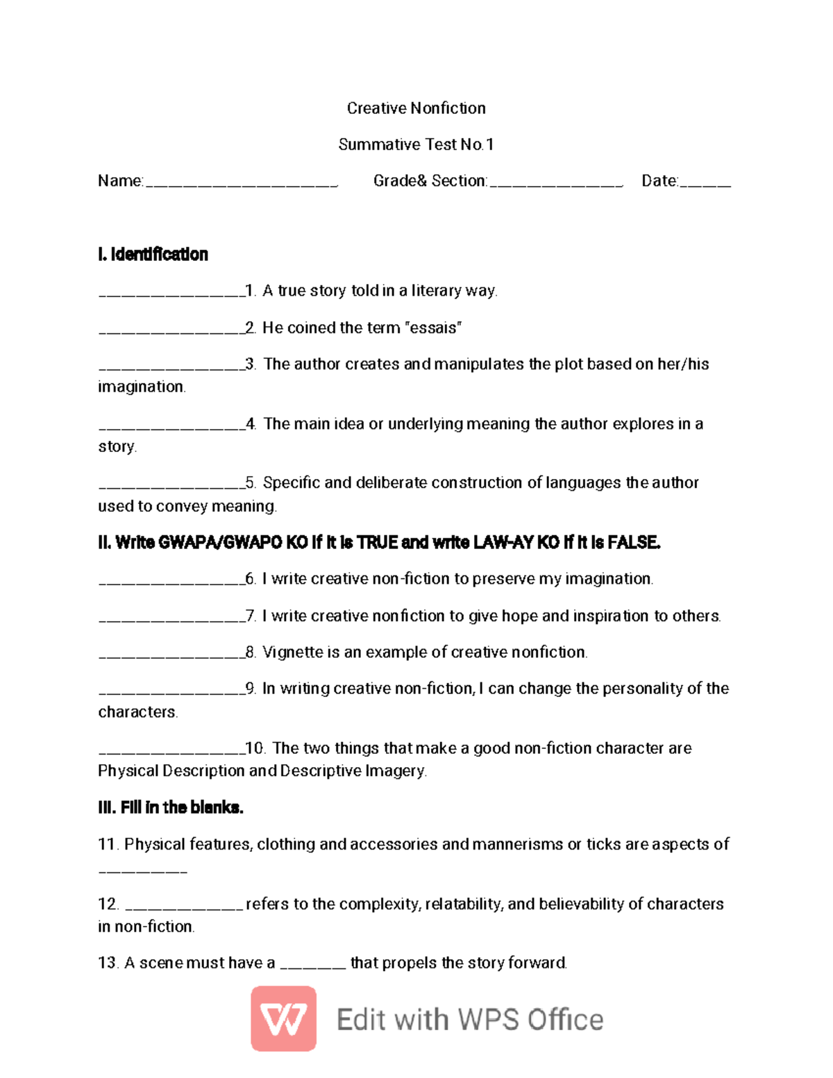 Creative Nonfic-WPS Office - Creative Nonfiction Summative Test No ...
