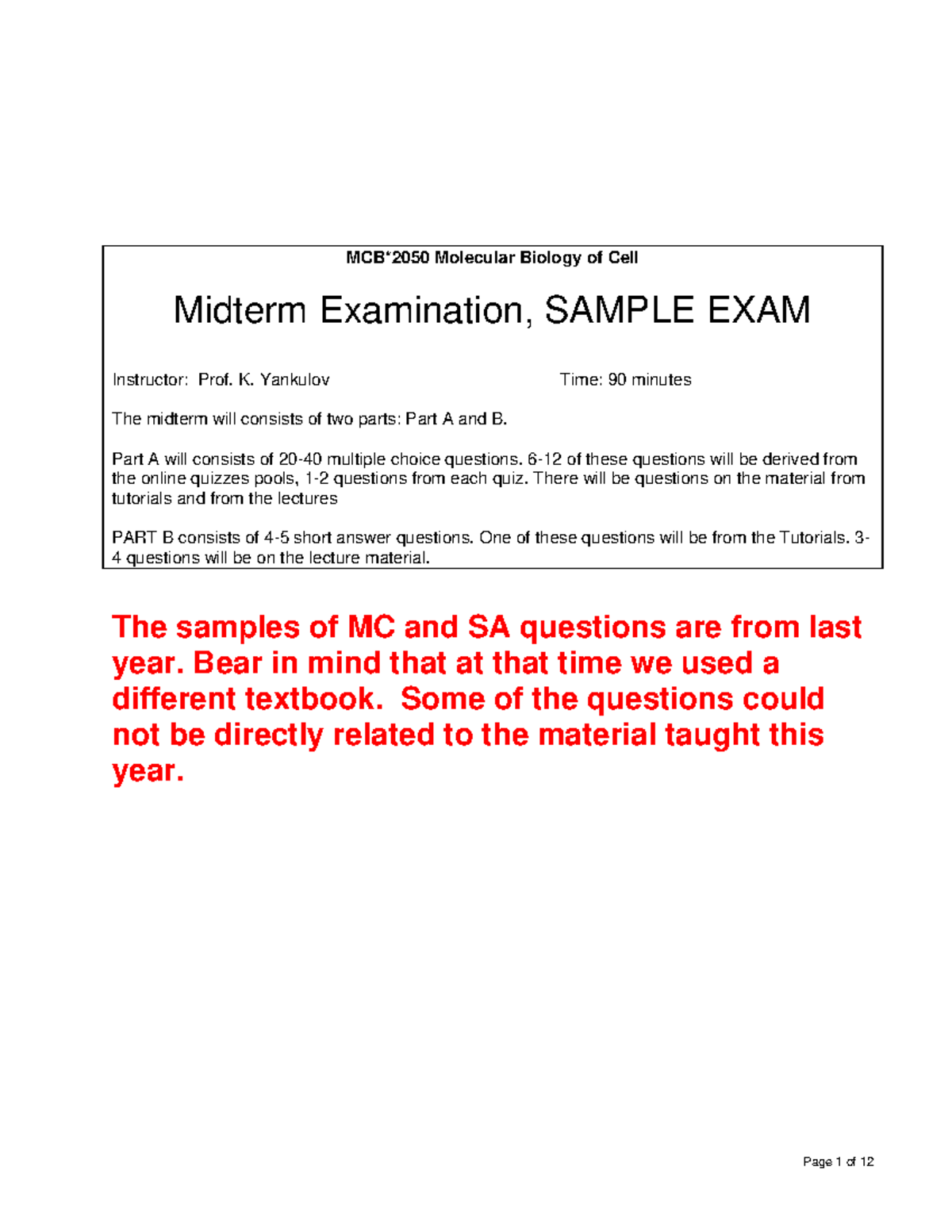 MCB2050 W20 midterm sample exam - MCB*2050 Molecular Biology of Cell ...