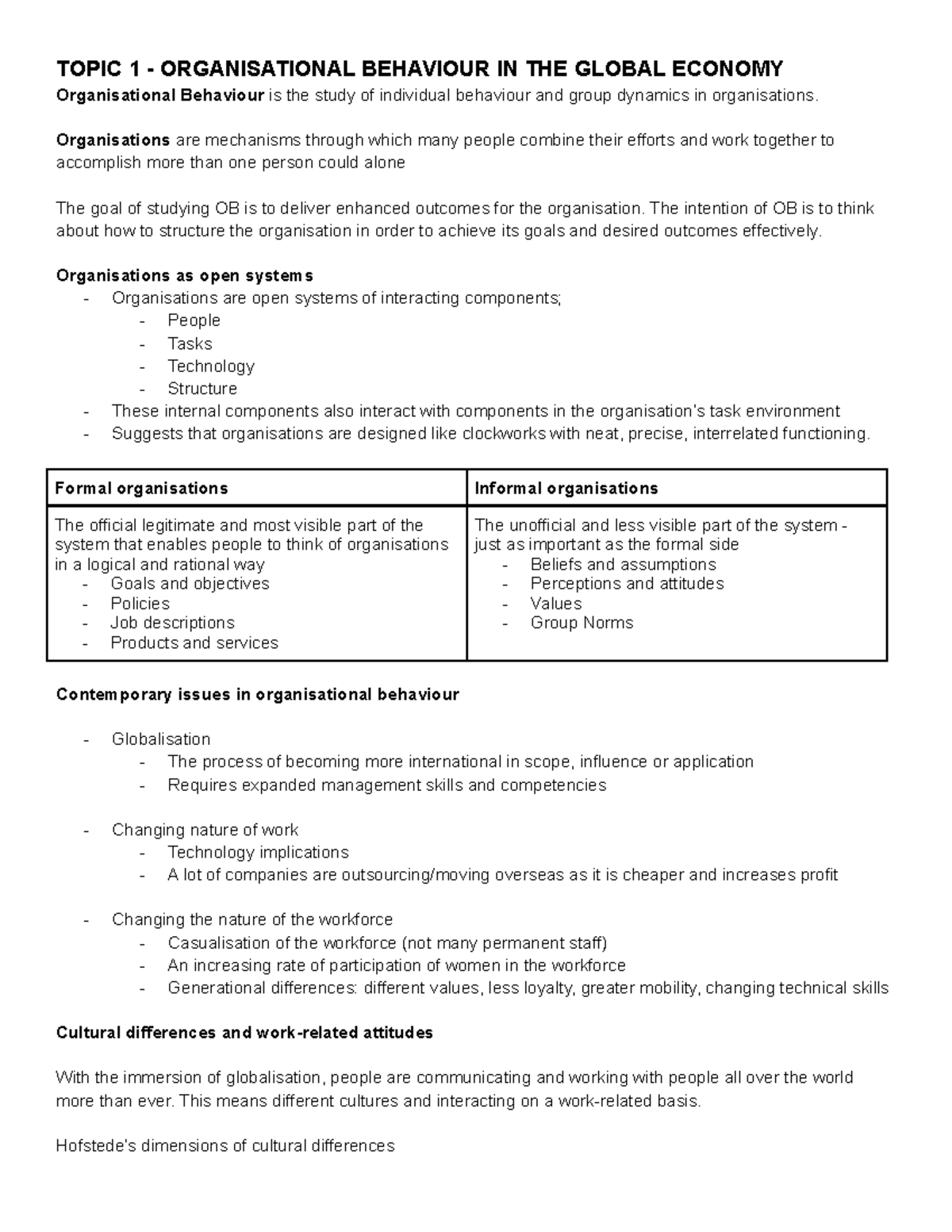 Exam Notes - Summary Organisational Behaviour - TOPIC 1 ORGANISATIONAL ...