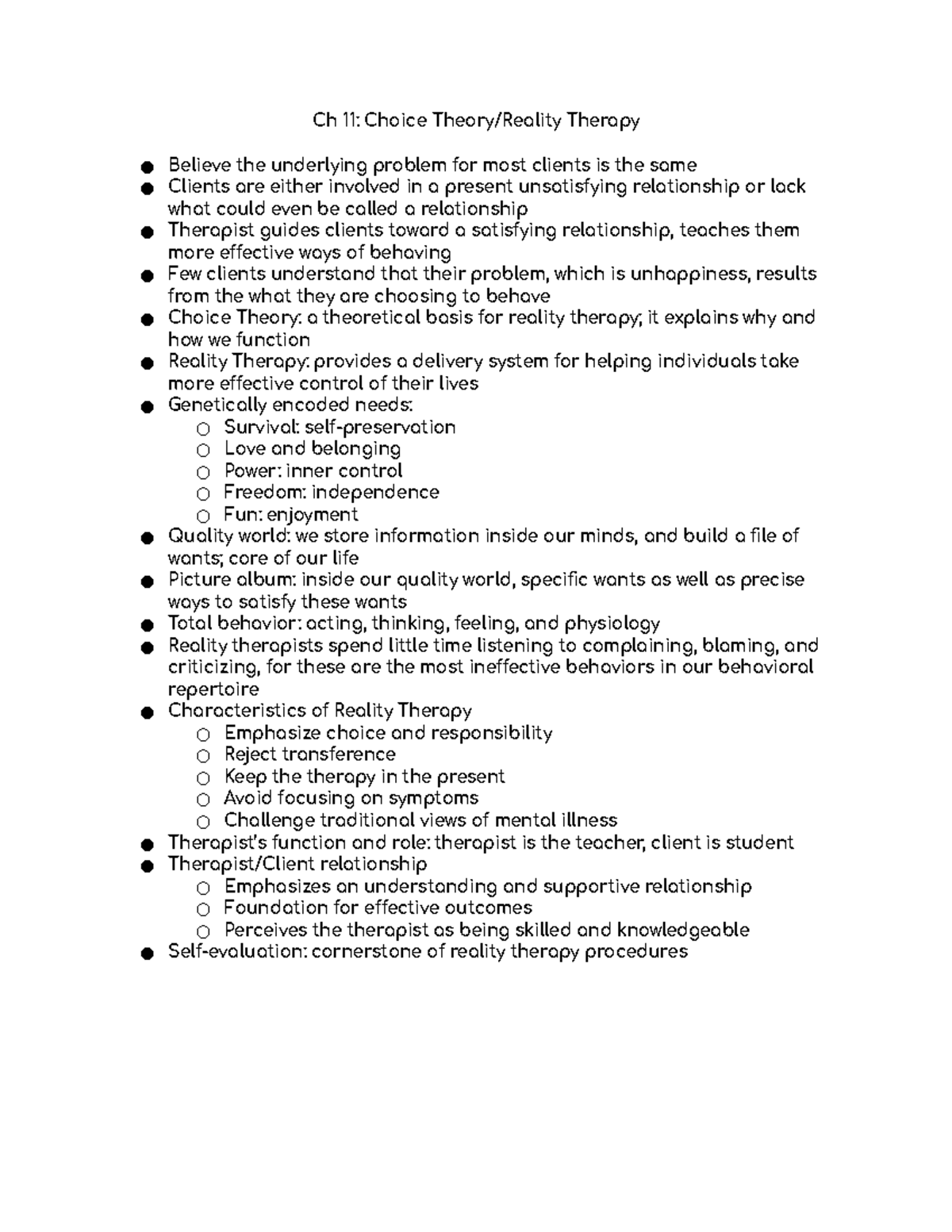 Ch 11 Choice Theory Reality Therapy - Studocu
