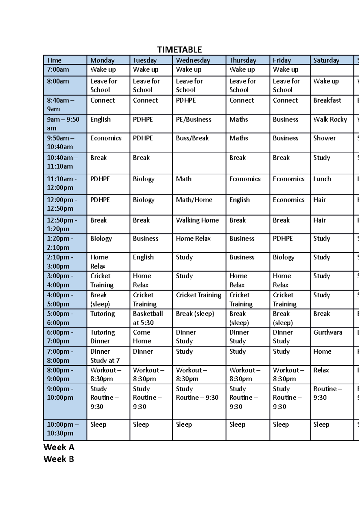 Timetable - to get your life together - TIMETABLE Time Monday Tuesday ...