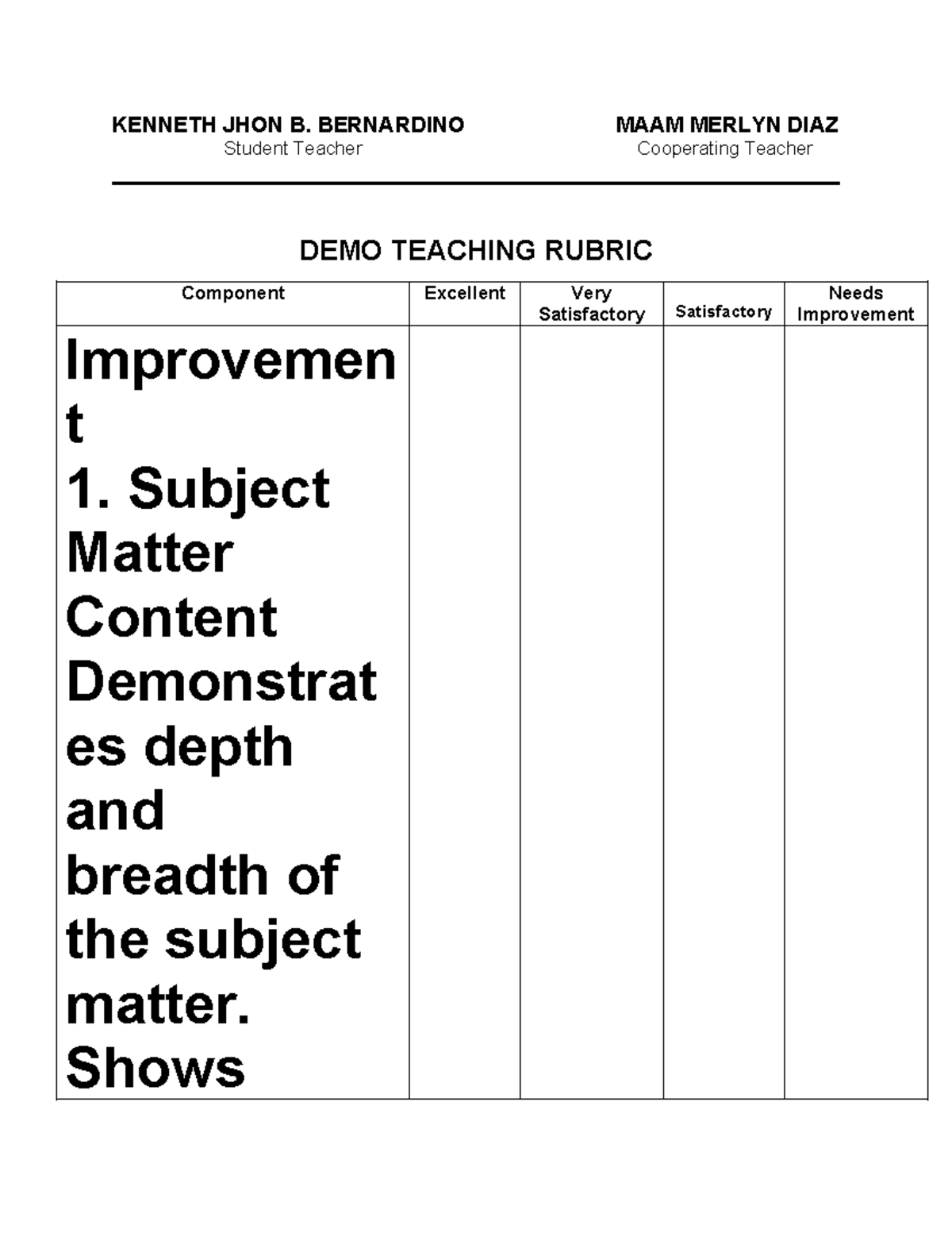 DEMO- Teaching- Rubric - KENNETH JHON B. BERNARDINO MAAM MERLYN DIAZ ...