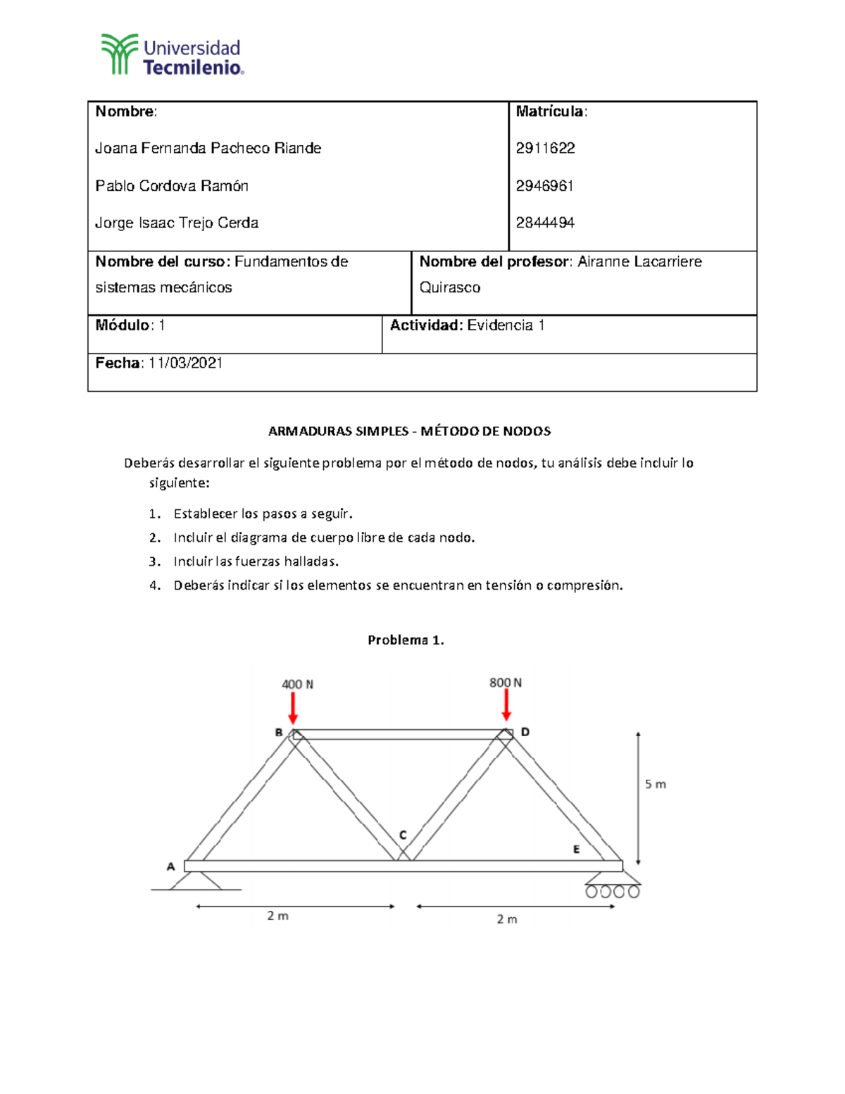 Evidencia 1 - armaduras de una estructura - ARMADURAS SIMPLES - MÉTODO ...